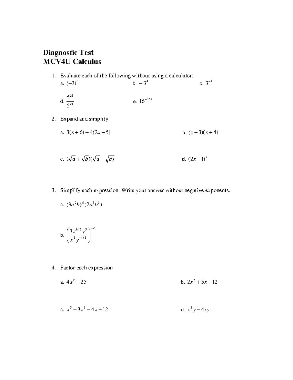 Diagnostic Test - Differentiate each of the following with respect to ...