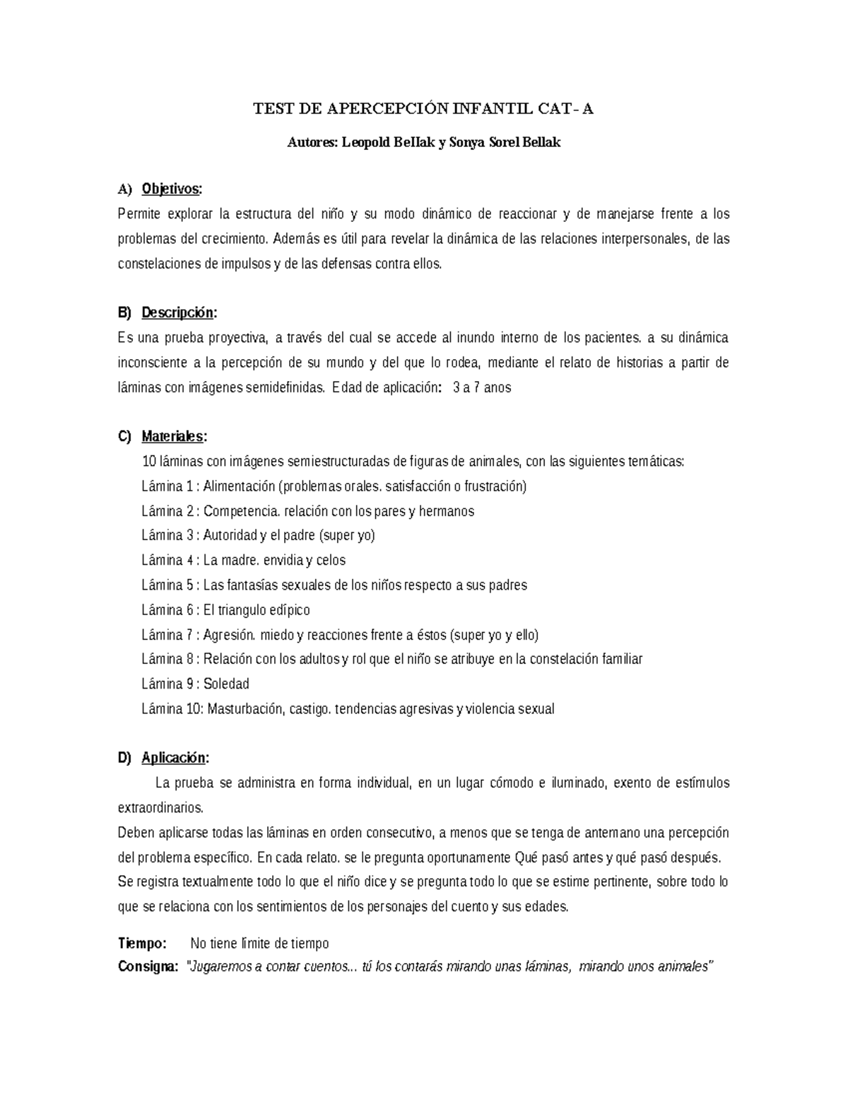 CAT A - Test - TEST DE APERCEPCIÓN INFANTIL CAT- A Autores: Leopold ...
