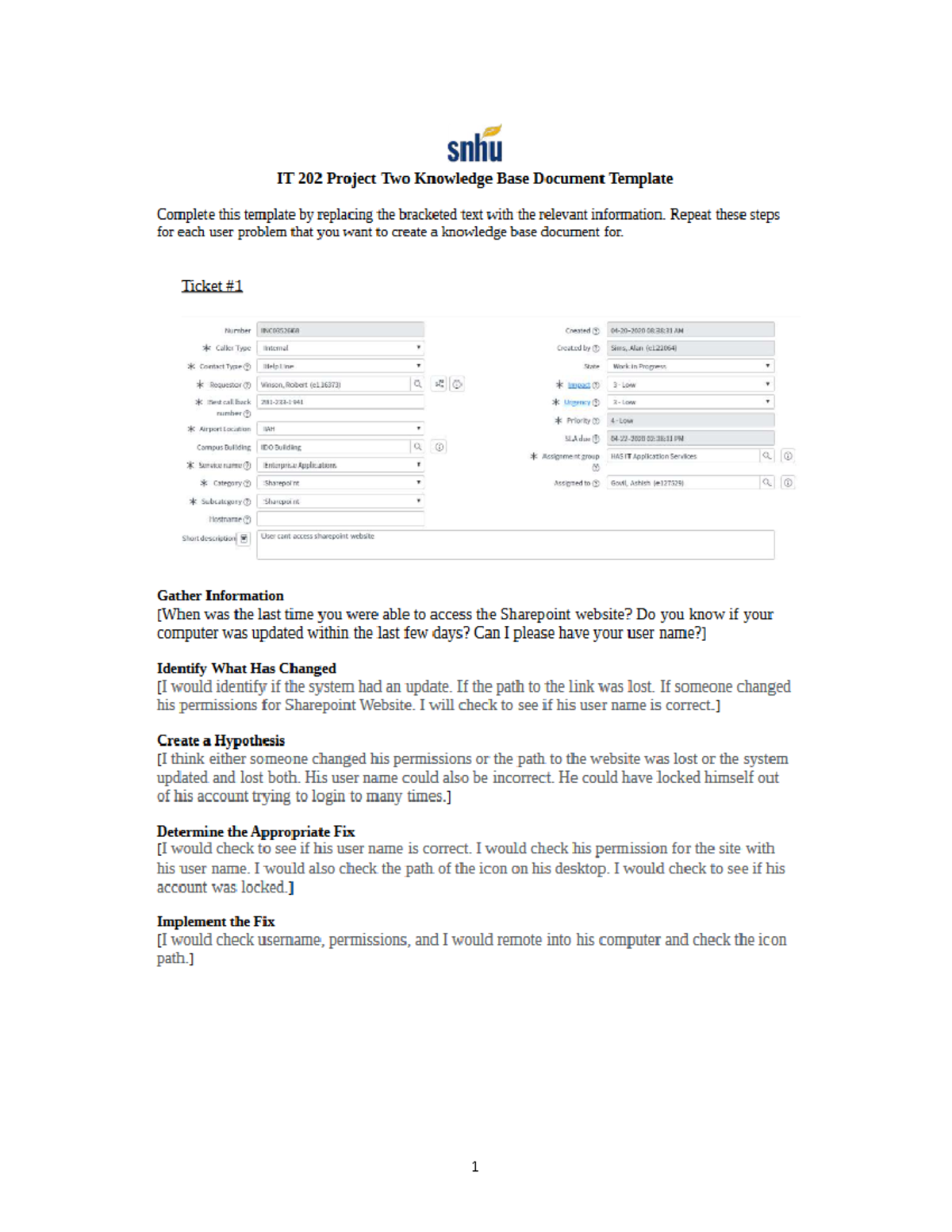 IT 202 Project Two Knowledge Base Document Template - IT-202 - Studocu
