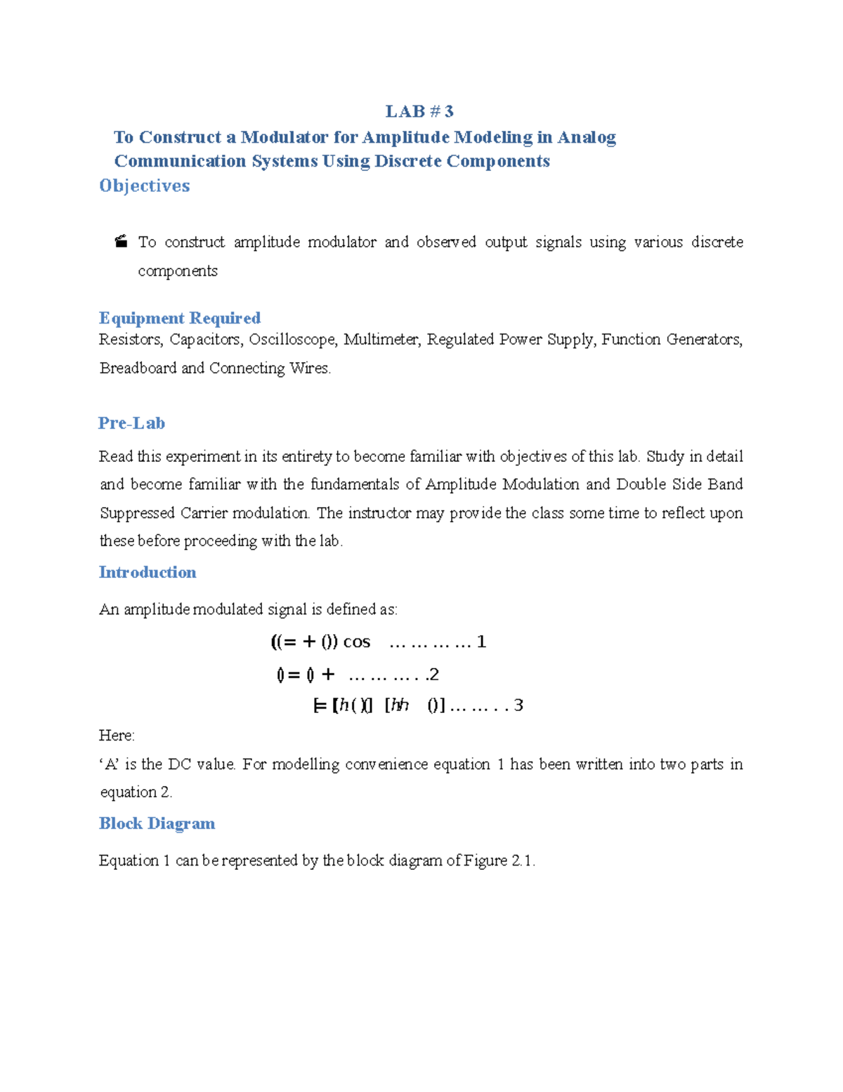 Lab 3 To Construct A Modulator For Amplitude Modeling In Analog Communication Systems Using