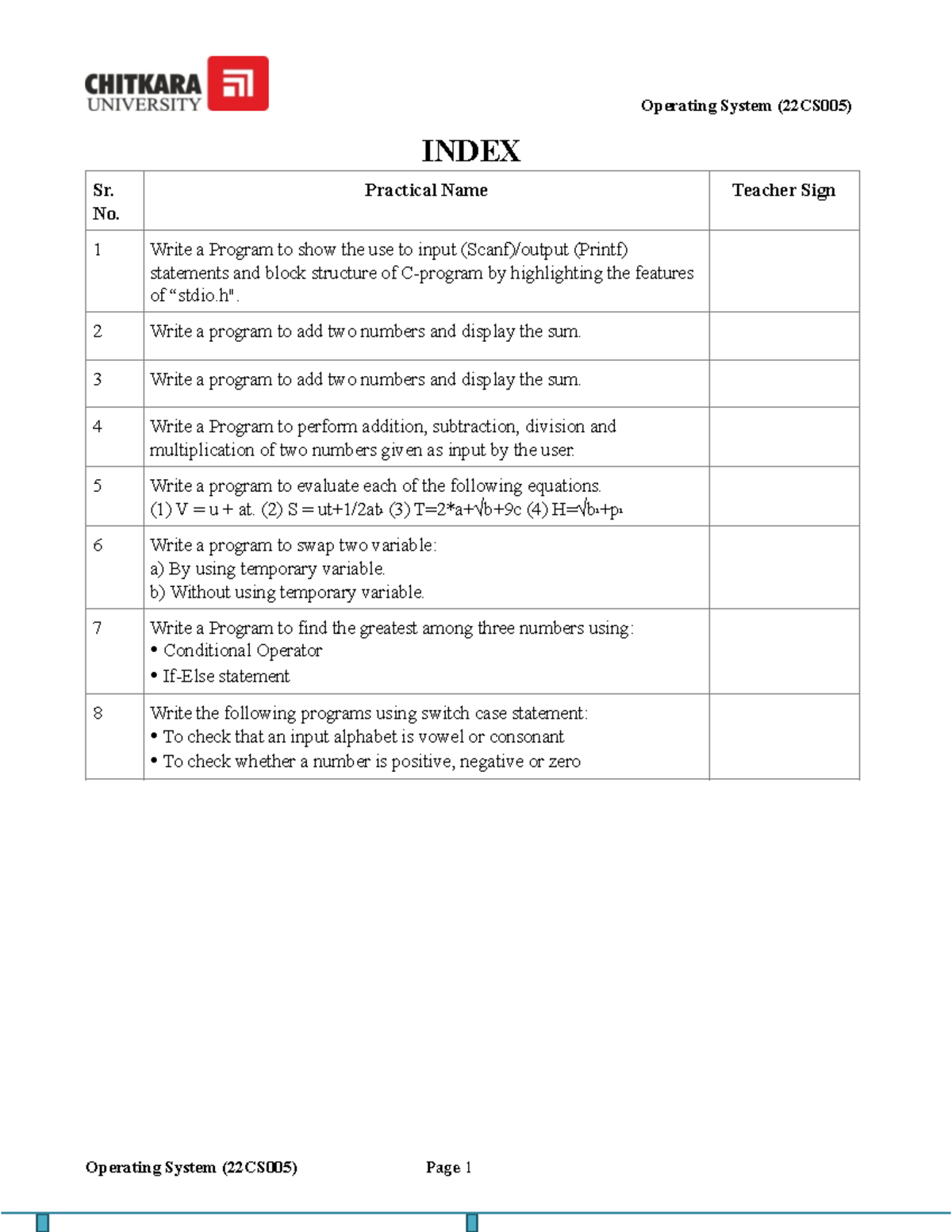 CP practical file - bfgb - INDEX Sr. No. Practical Name Teacher Sign 1 Write a Program to show ...
