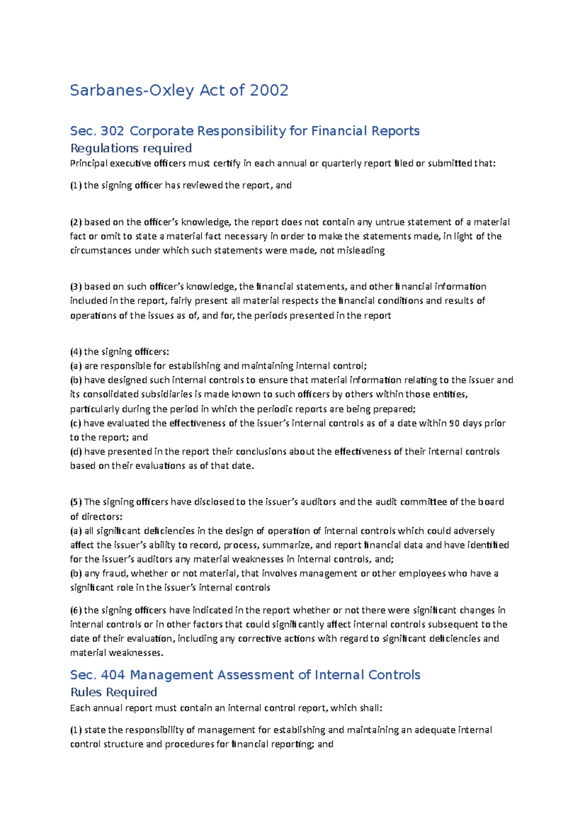 Summary SOX - Sarbanes-Oxley Act of 2002 Sec. 302 Corporate ...
