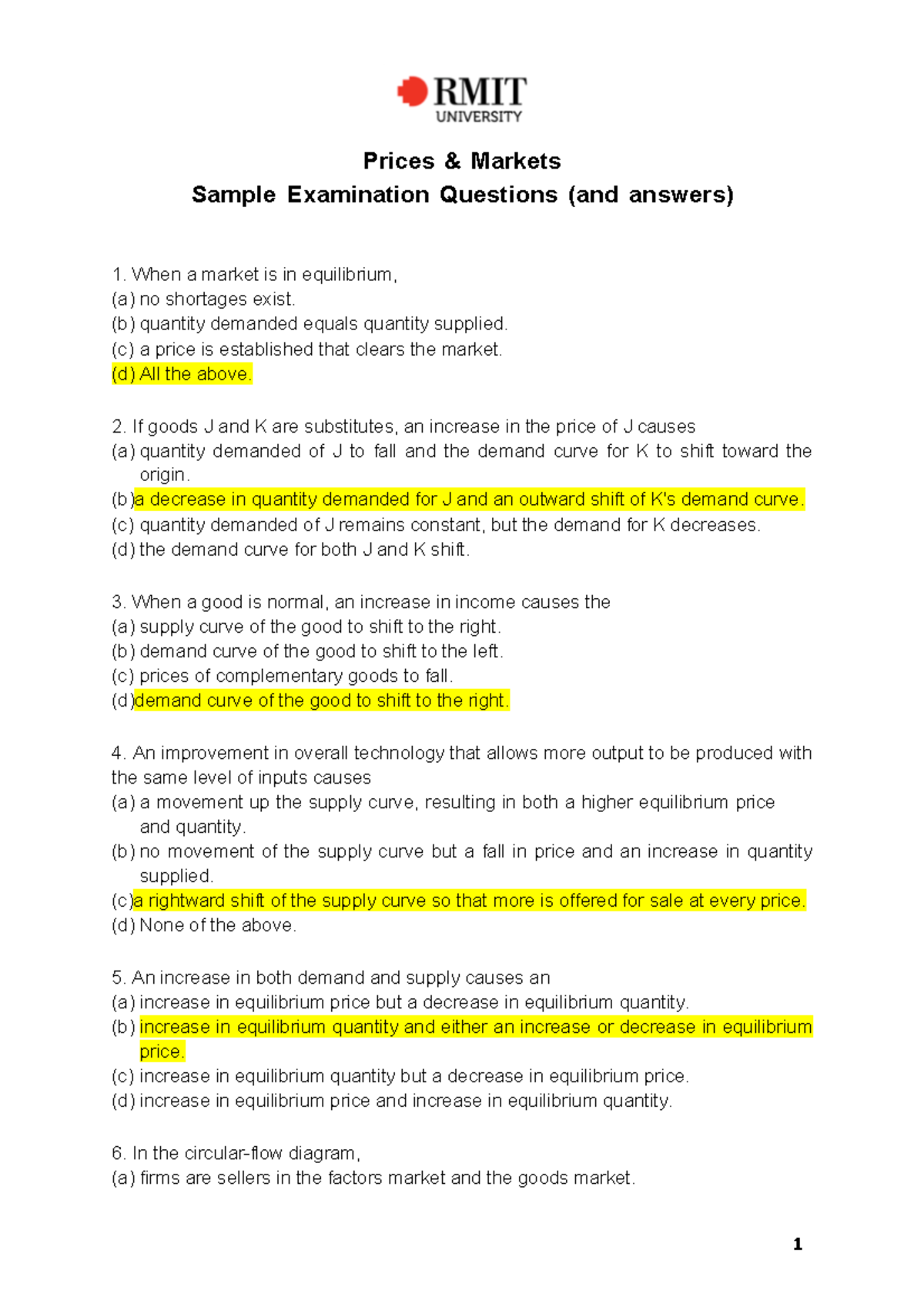 Exam 2017, answers - Prices & Markets Sample Examination Questions (and ...