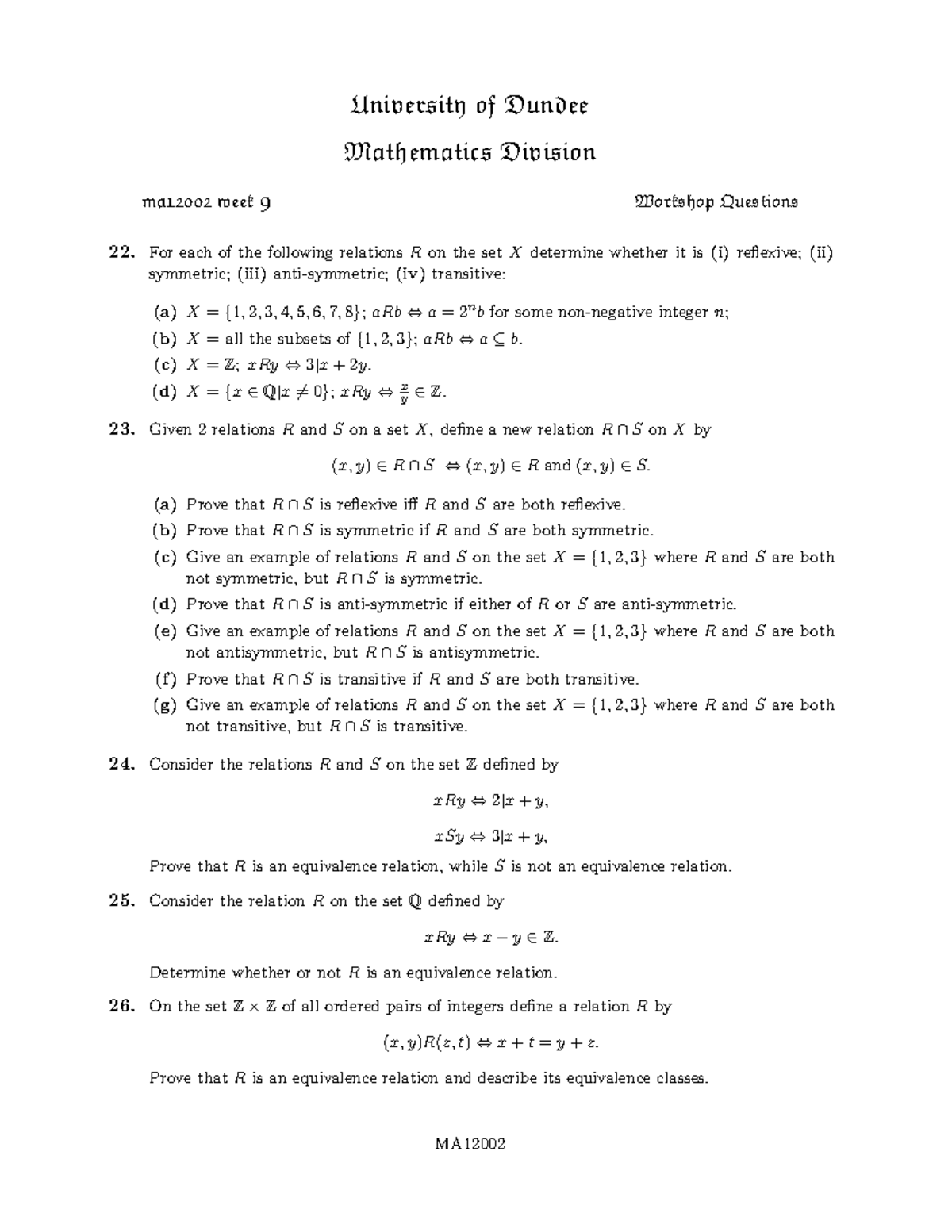 Ws9 - Worksheet 09 - University of Dundee Mathematics Division ma12002 ...