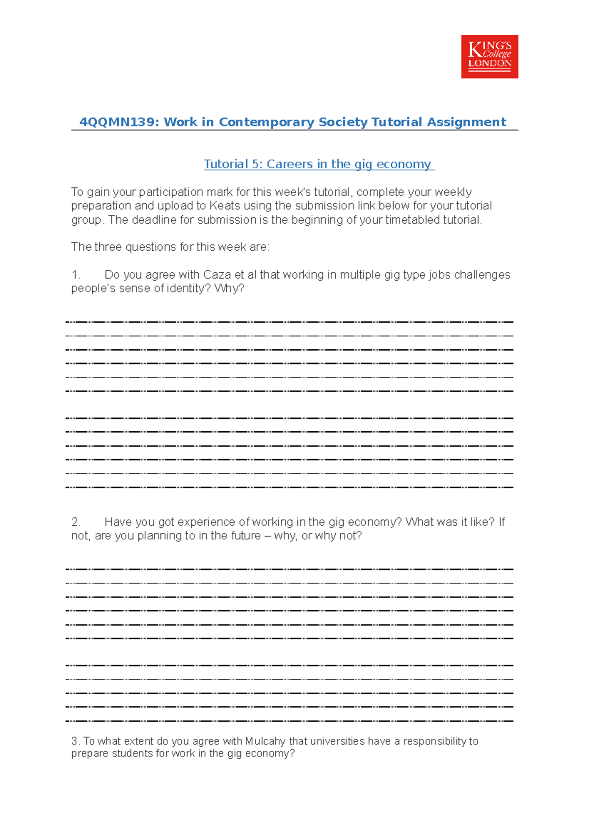 Tutorial 5 Careers in the gig economy - 4QQMN139: Work in Contemporary ...