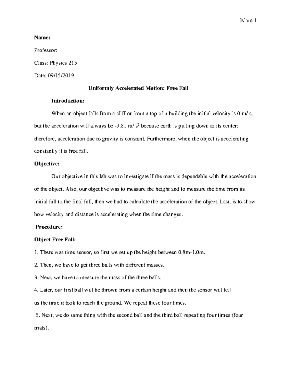 Lab 3-Uniformly Accelerated Motion- Free Fall - Name: Professor: Class ...