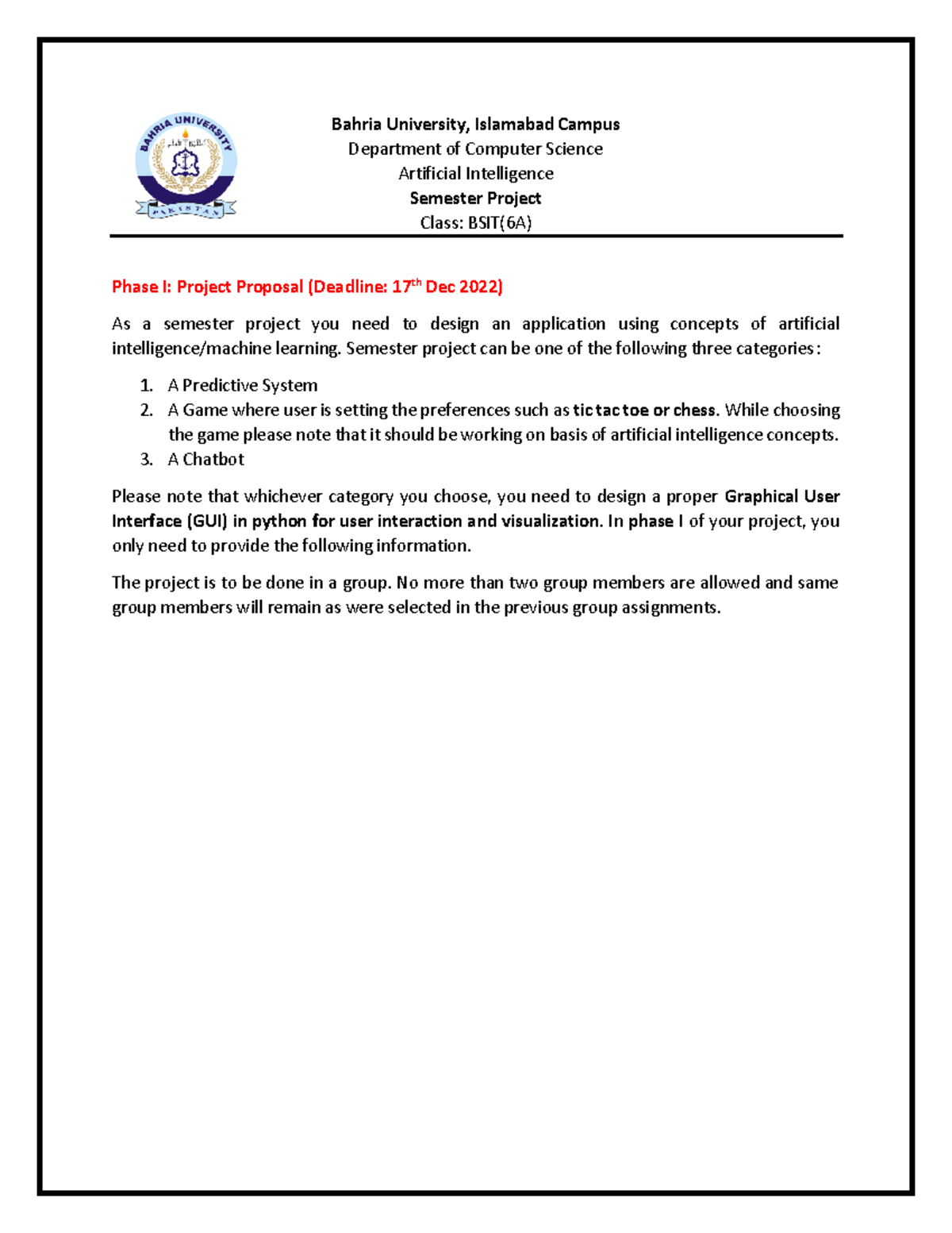 Proposal AI - helpful for ai - Bahria University, Islamabad Campus ...