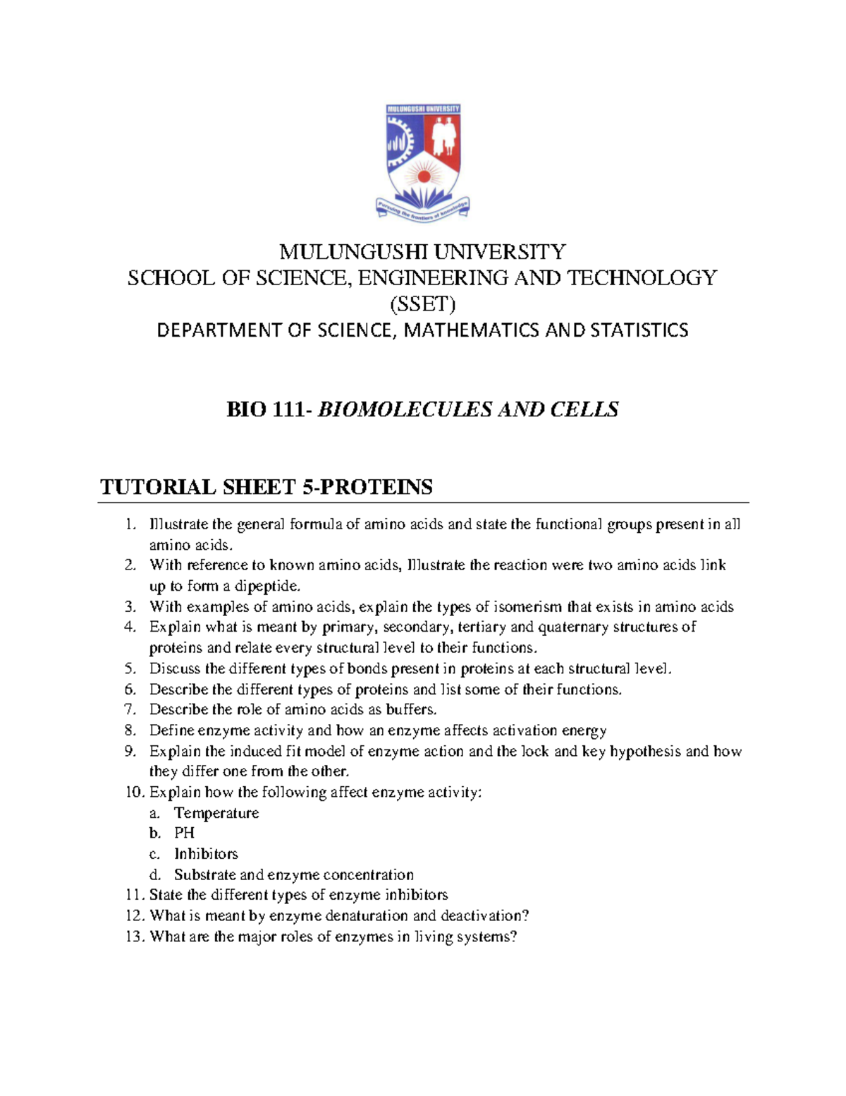 Tutorial Sheet 5- Proteins - MULUNGUSHI UNIVERSITY SCHOOL OF SCIENCE ...