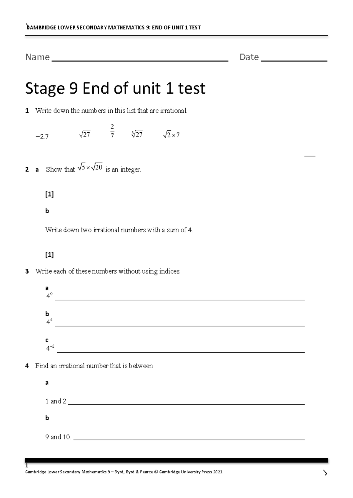 686438923 Unit 1 End of unit Test - Name Date Stage 9 End of unit 1 ...