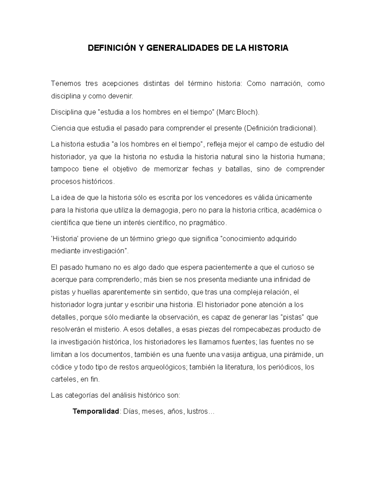 Definición Y Generalidades DE LA Historia - DEFINICIÓN Y GENERALIDADES ...