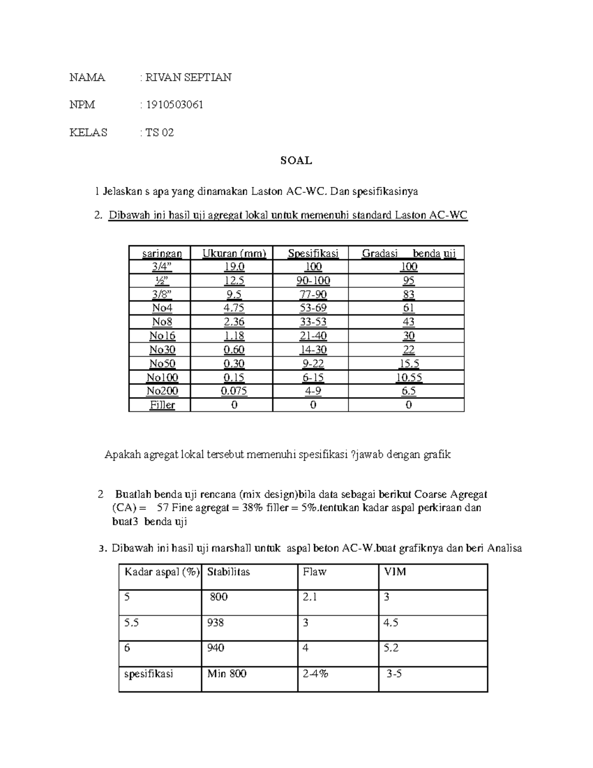 UAS - 1 Jelaskan s apa yang dinamakan Laston AC-WC. Dan spesifikasinya ...