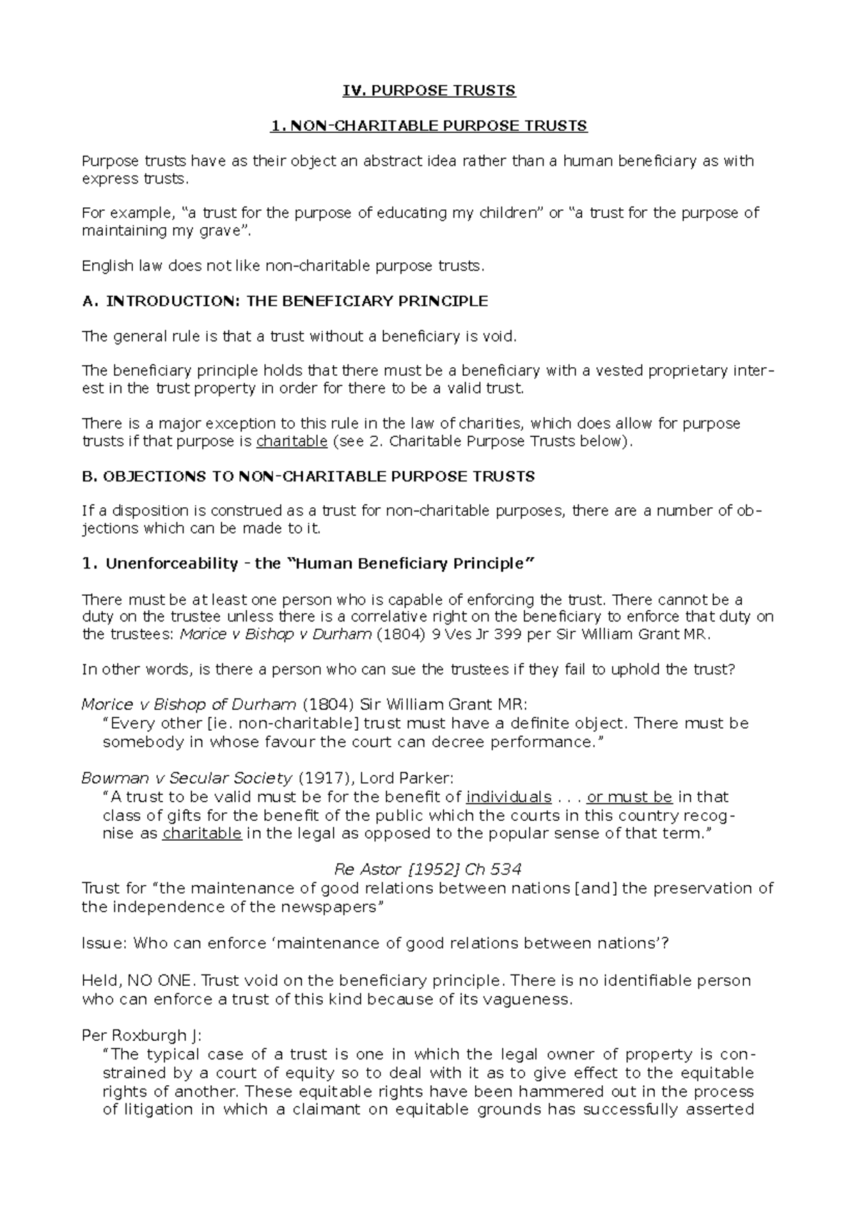 Purpose Trusts - Class Notes - IV. PURPOSE TRUSTS NON-CHARITABLE ...