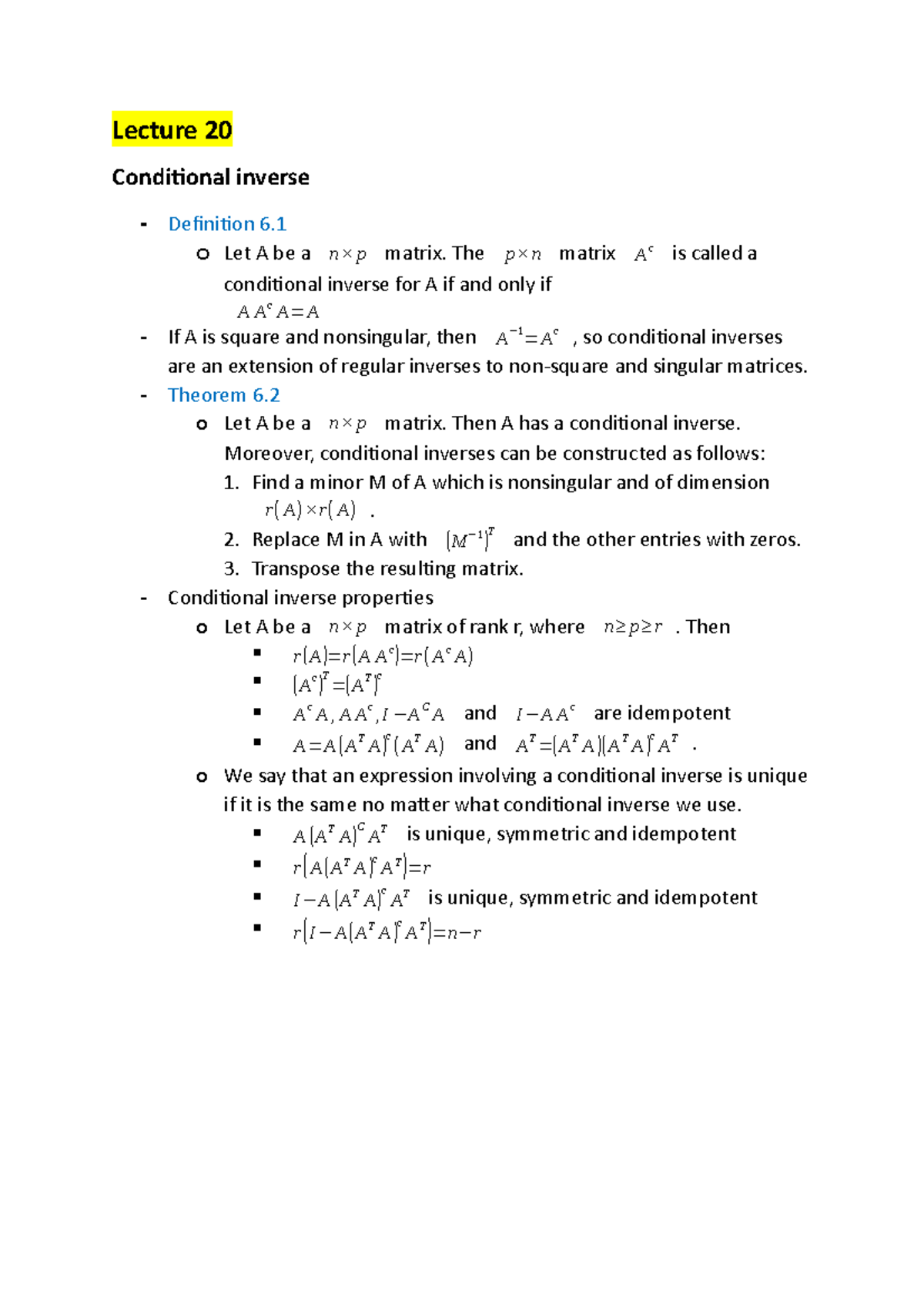 Lecture 20 Conditional Inverse Solving The Normal Equations Lecture 20 Conditional Inverse