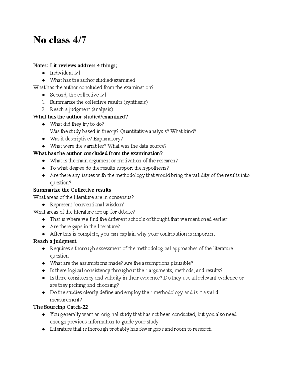 POL 138 Notes - No class 4/ Notes: Lit reviews address 4 things ...