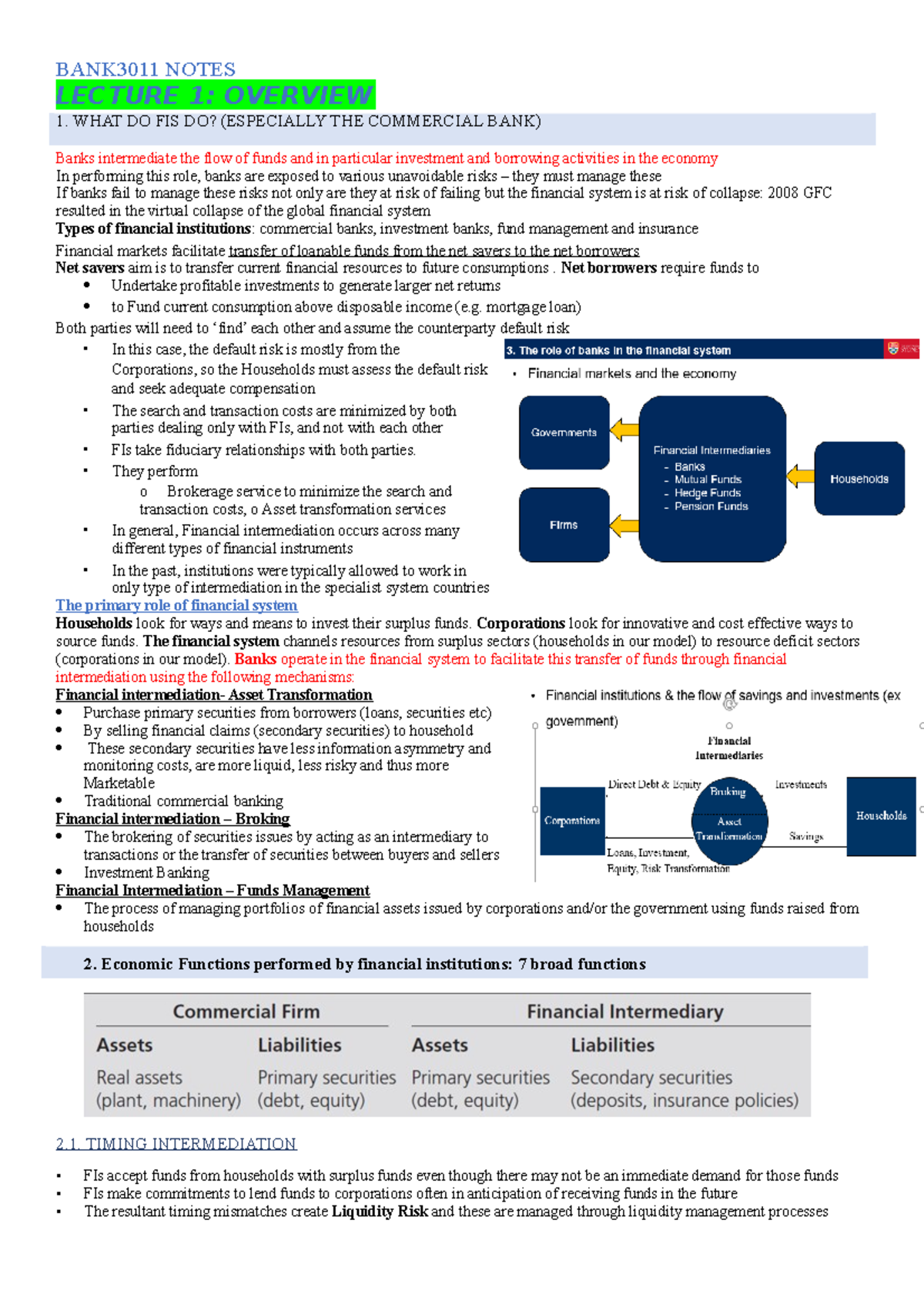 BANK3011 Notes - BANK3011 NOTES LECTURE 1: OVERVIEW 1. WHAT DO FIS DO ...