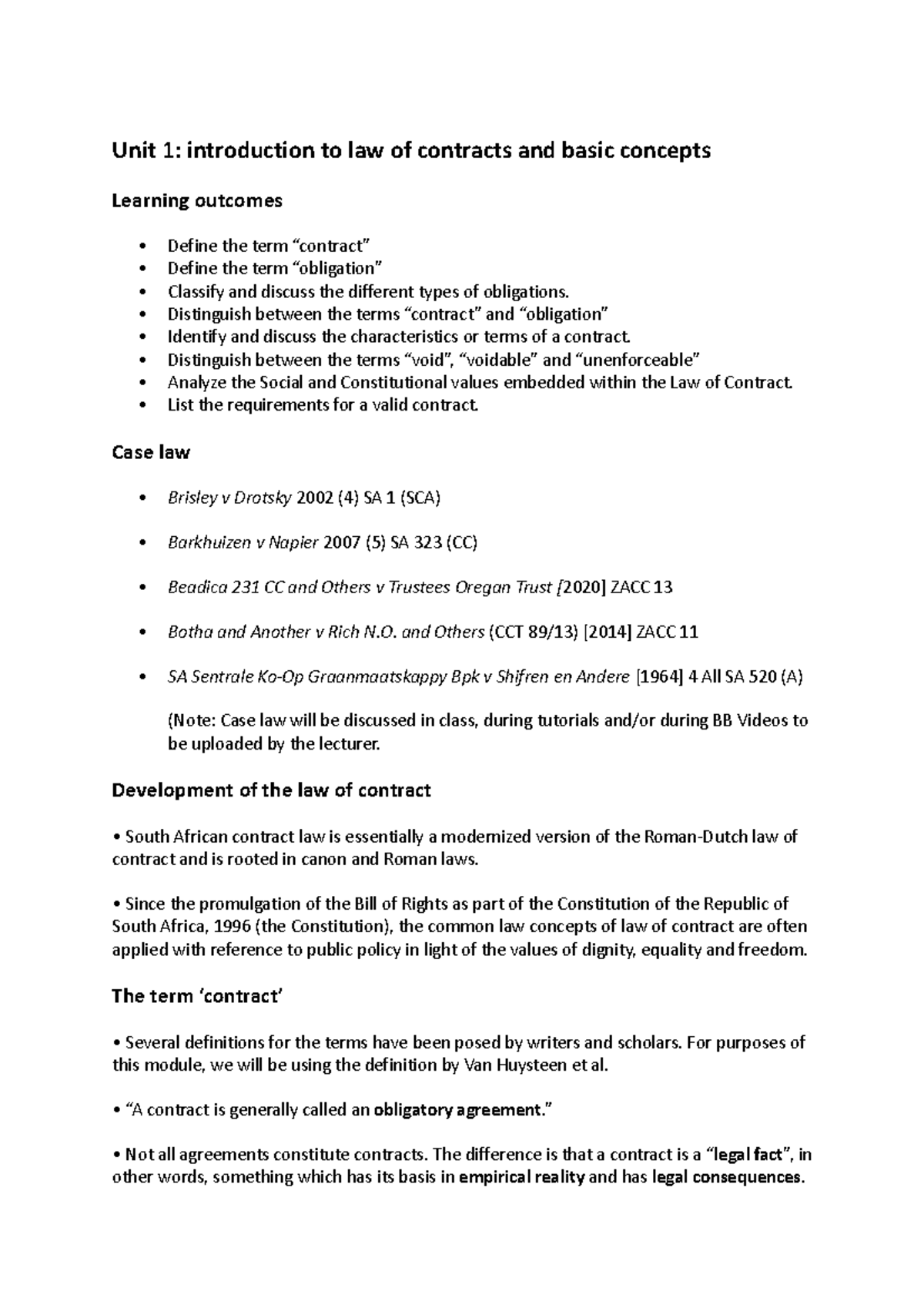 Unit 1 - Work - Unit 1: introduction to law of contracts and basic ...