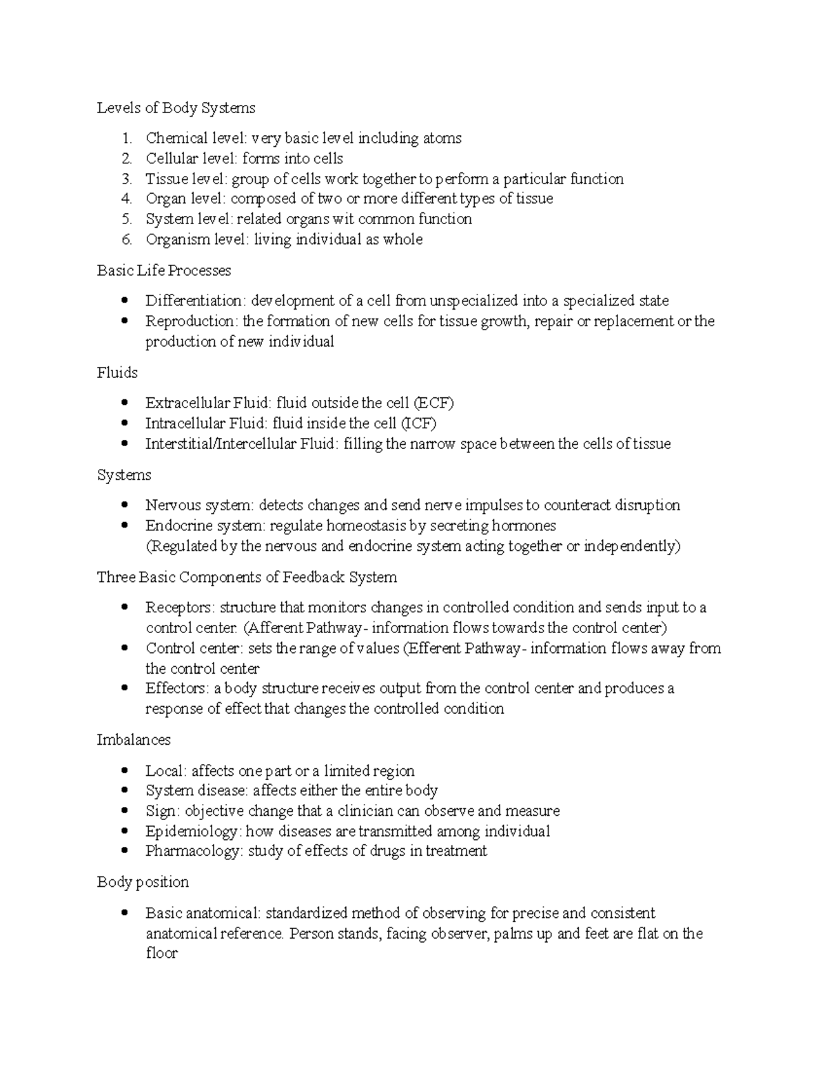 Chapter 1 Review - Lecture notes 1 - Levels of Body Systems Chemical ...