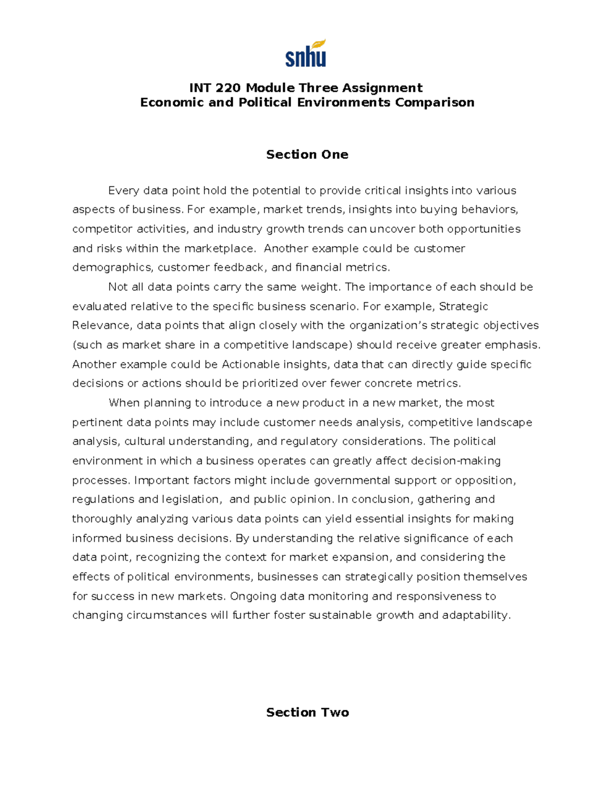 3-2 assignment - Economic & Political Environments Comparison - INT 220 ...