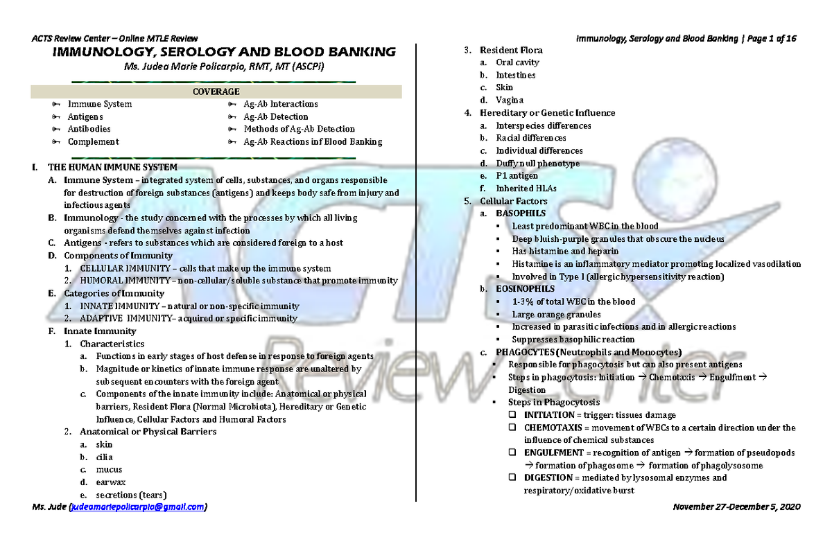 isbb notes isbb - IMMUNOLOGY, SEROLOGY AND BLOOD BANKING Ms. Judea ...