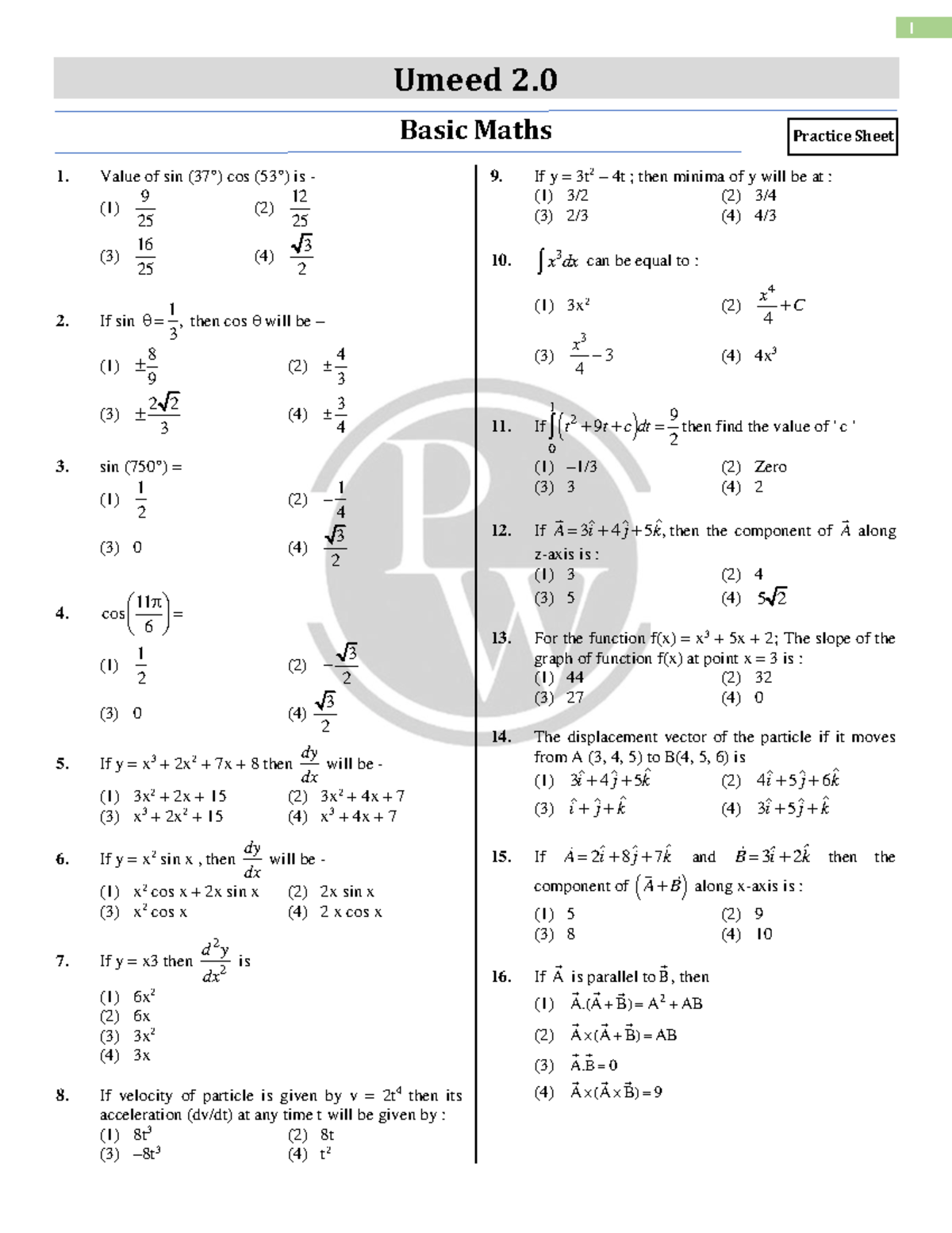 Basic Maths Practice Sheet 1 Umeed 2 Basic Maths Value Of Sin 37