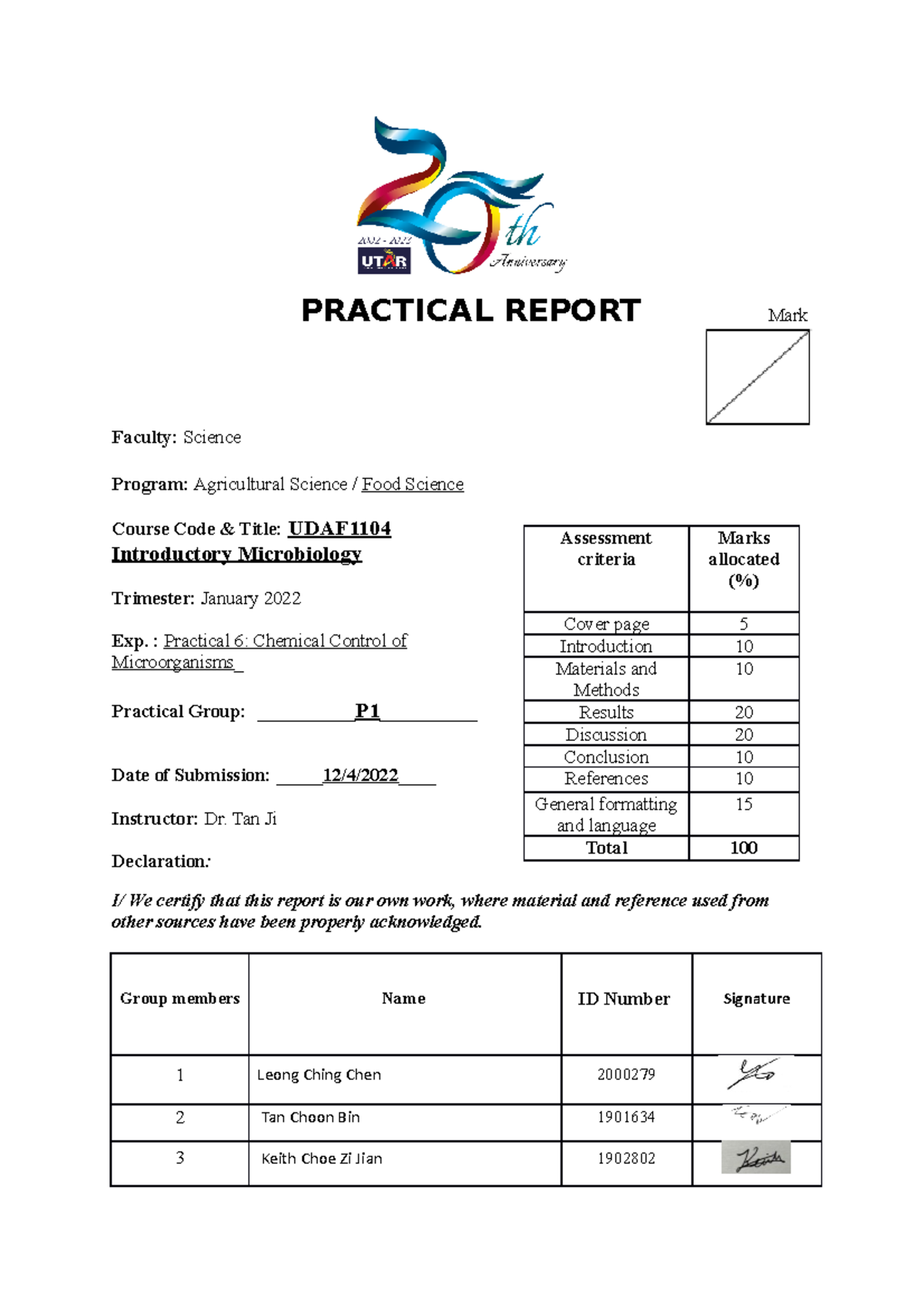 UDAF1104 Practical 6 Tan Choon Bin - PRACTICAL REPORT Mark Faculty ...