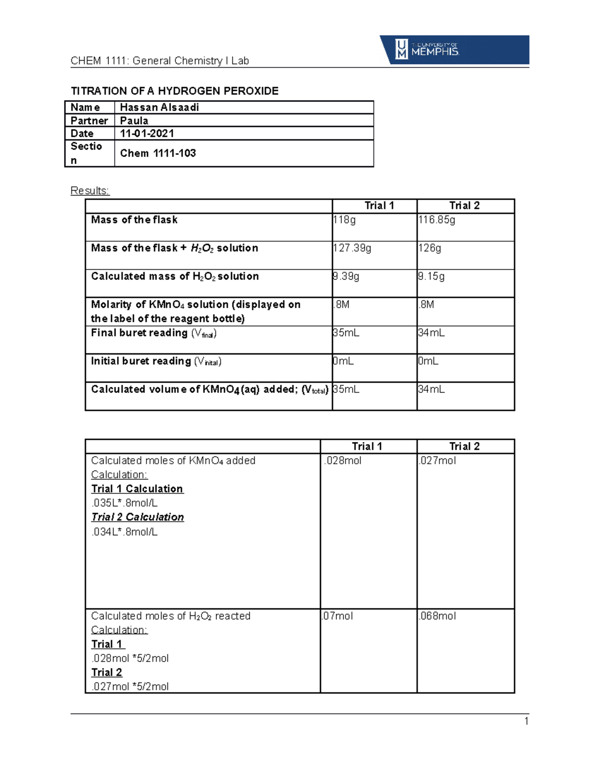 Hassan Exp 5. Titration of Hydrogen Peroxide Report FA21 - TITRATION OF ...