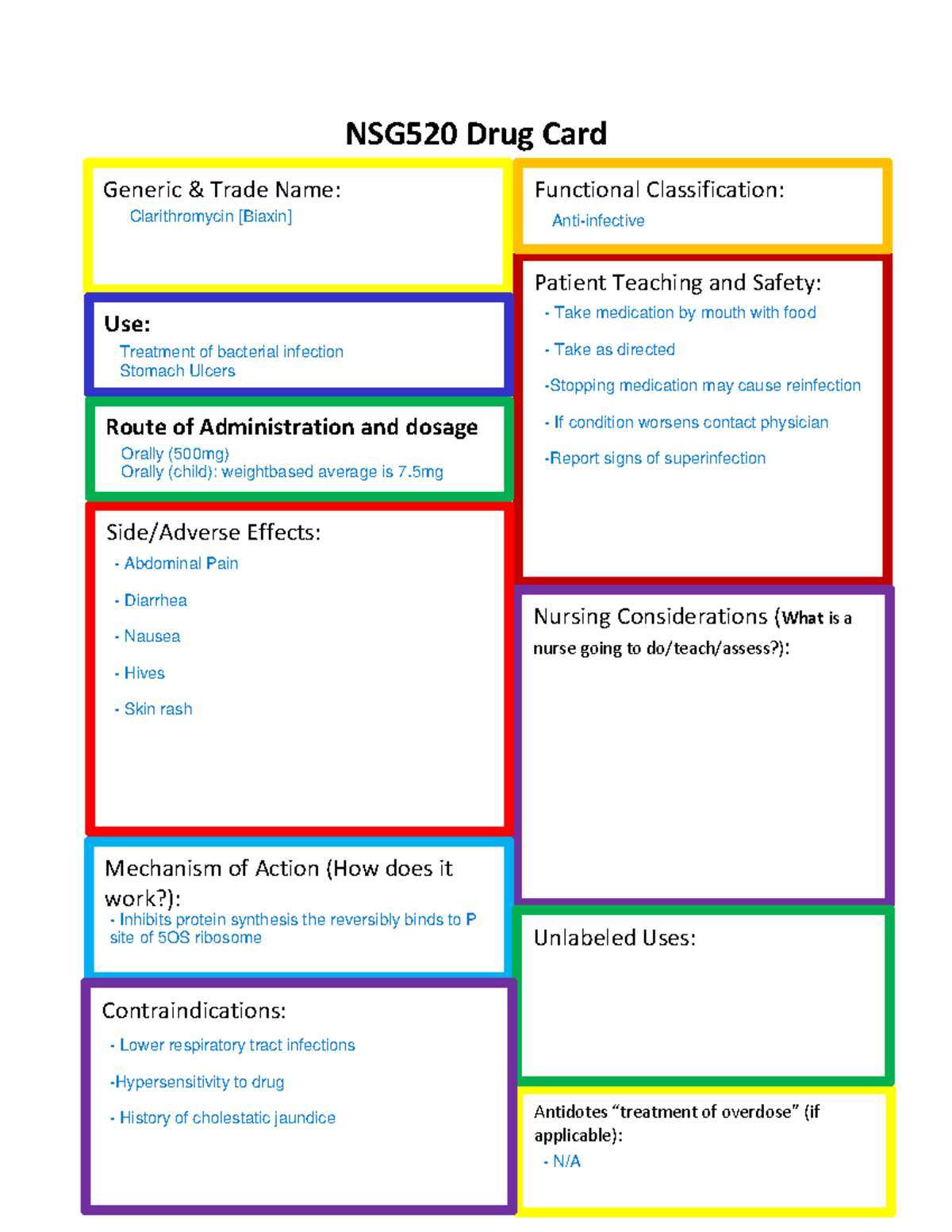Week 7 medicine card Clarithromycin - NSG 124 - NSG 520 Drug Card ...