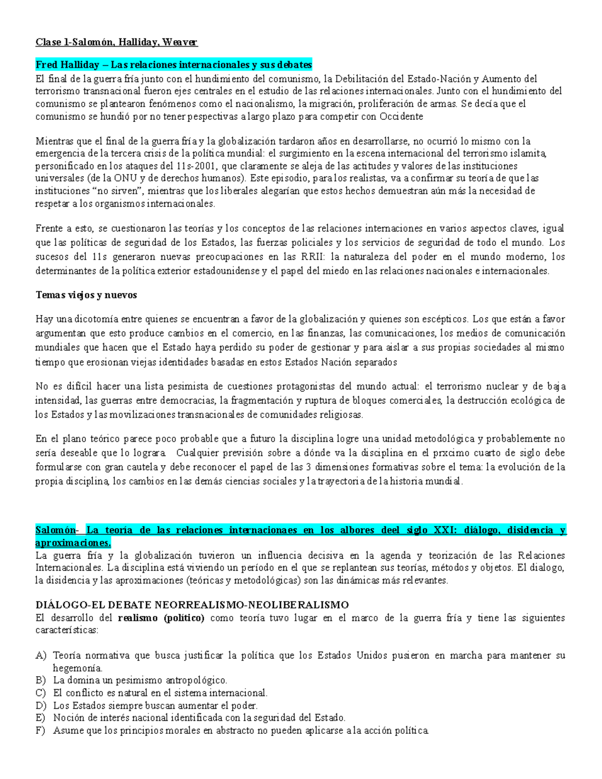 escuelas de las relaciones internacionales - Clase Halliday, Weaver ...