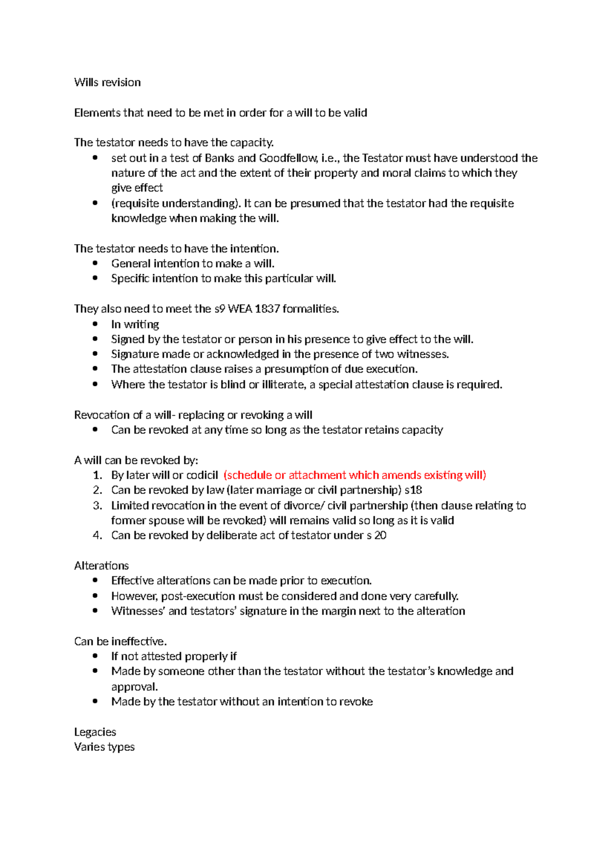 Wills revision - law - Wills revision Elements that need to be met in ...