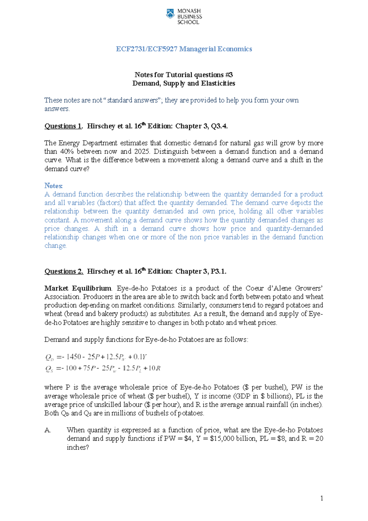 24 Notes for Tutorial questions #3 Demand supply and elasticities ...
