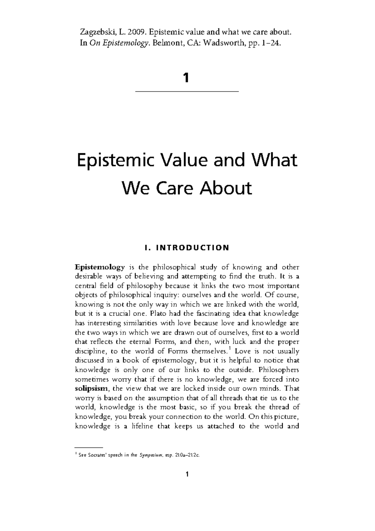 1 Zagzebski Epistemic value and what we care about - Epistemic Value ...