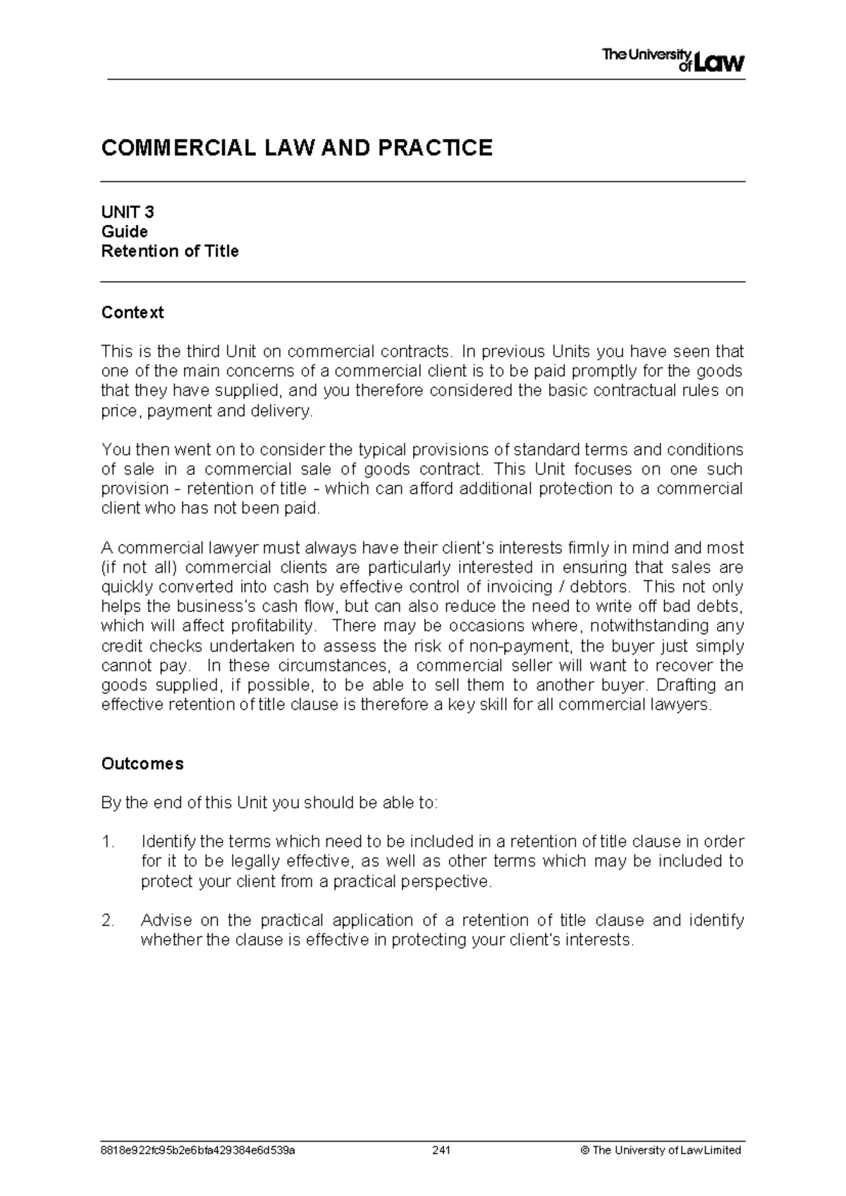 3 Retention of Title Commercial Law - COMMERCIAL LAW AND PRACTICE UNIT ...