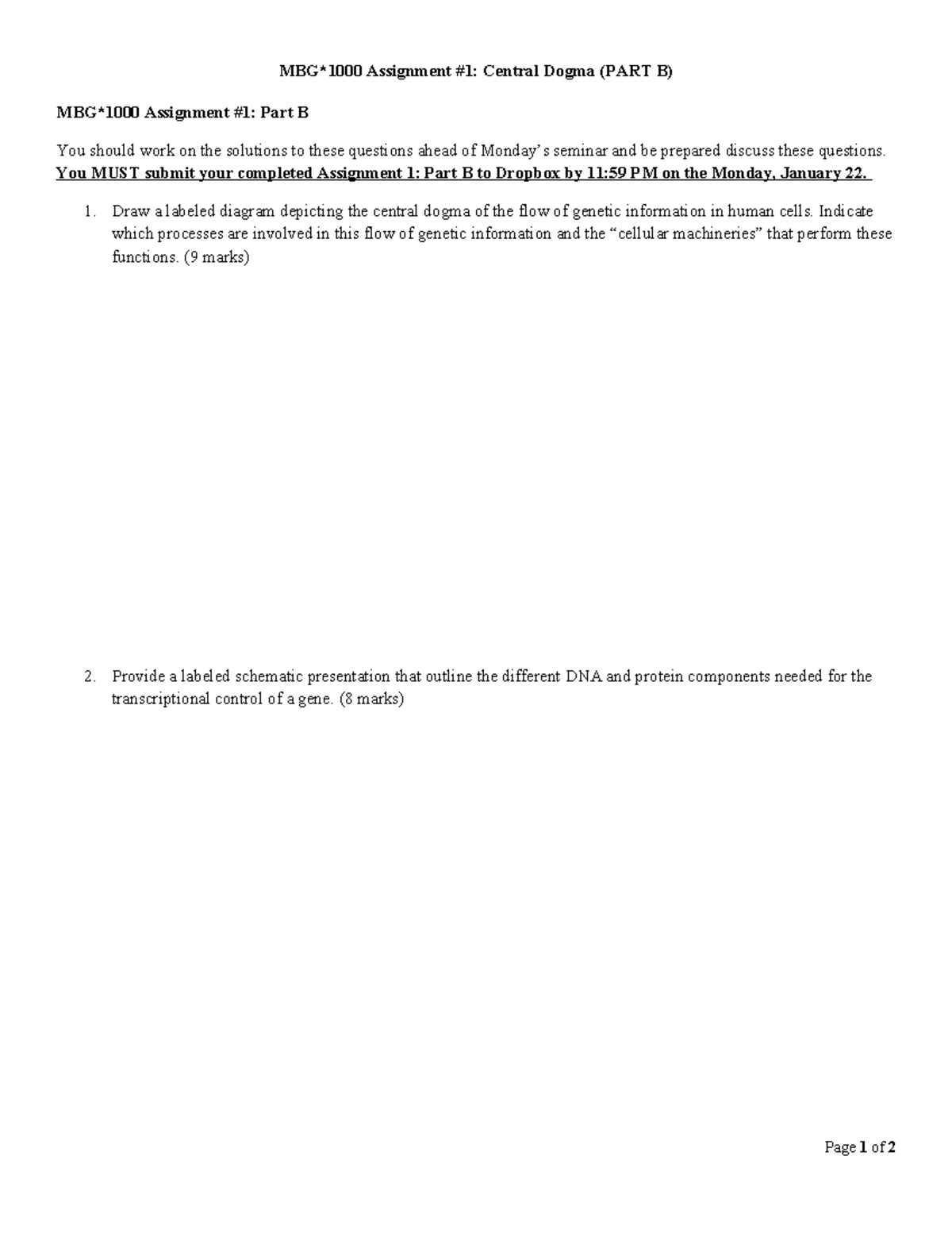 Assignment 1 PART B W24 - MBG*1000 Assignment #1: Central Dogma (PART B) MBG*1000 Assignment #1 ...