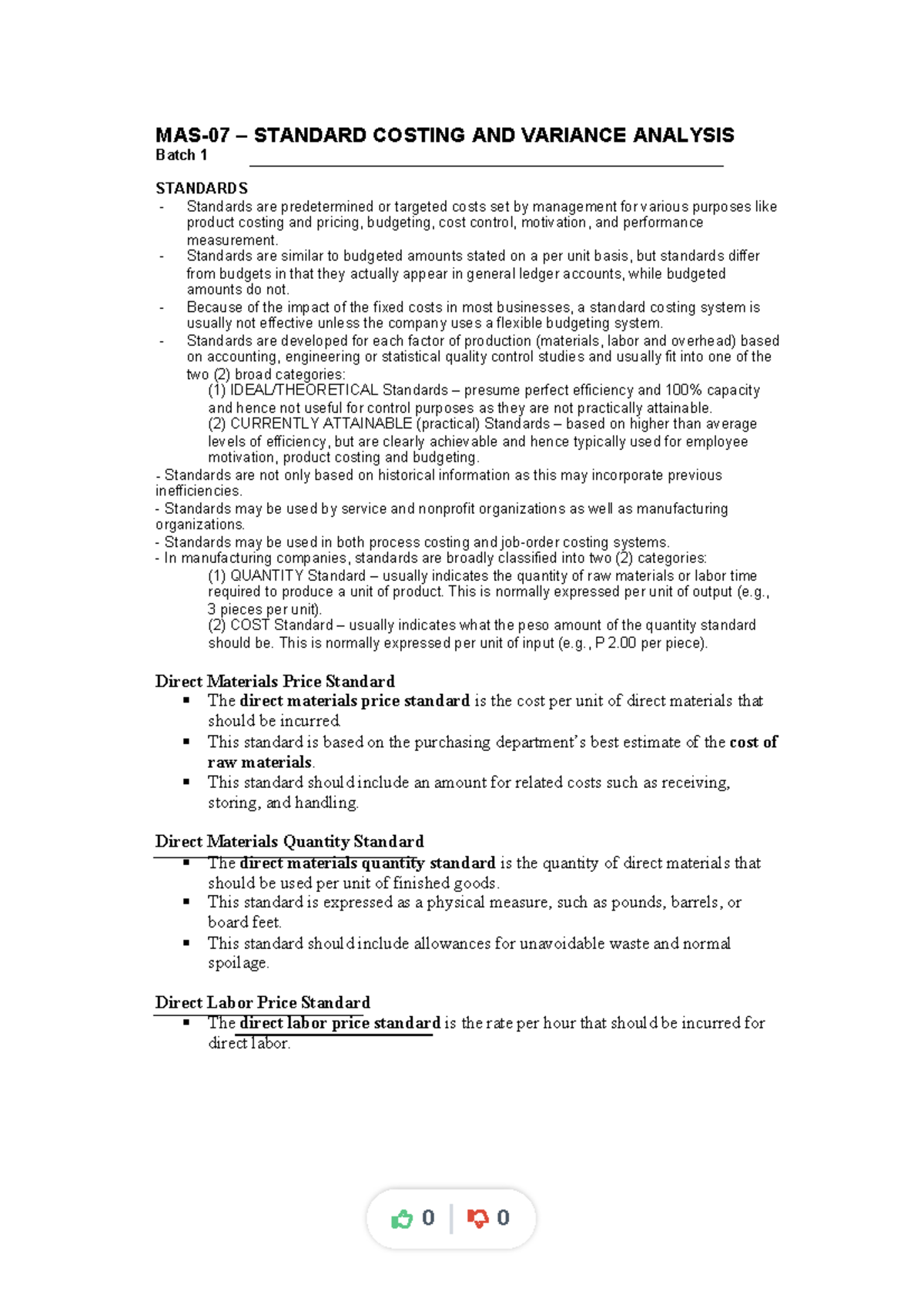 Review Materials for Standard Costing - MAS-07 – STANDARD COSTING AND ...