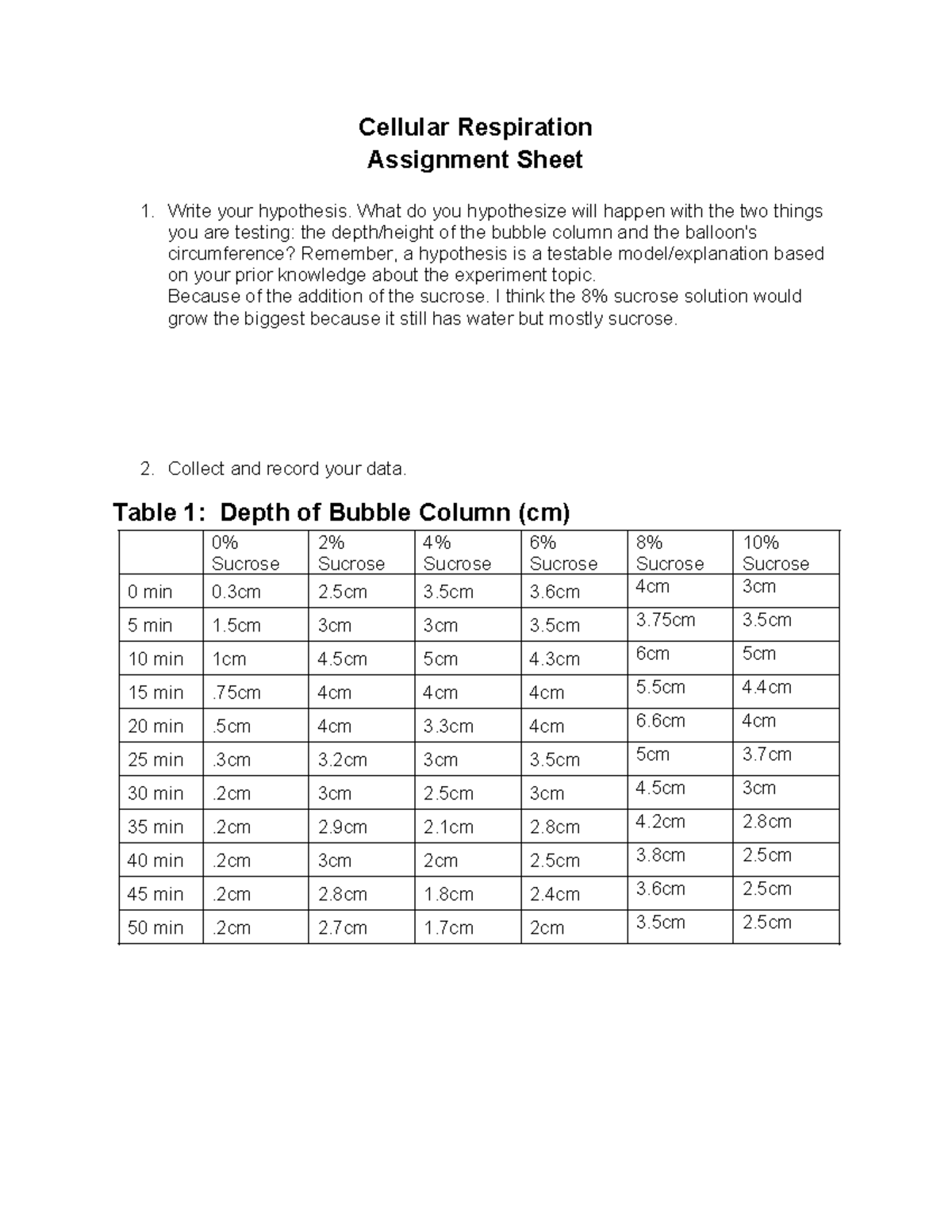 Cellular Respiration Assignment Sheet - Write your hypothesis. What do ...