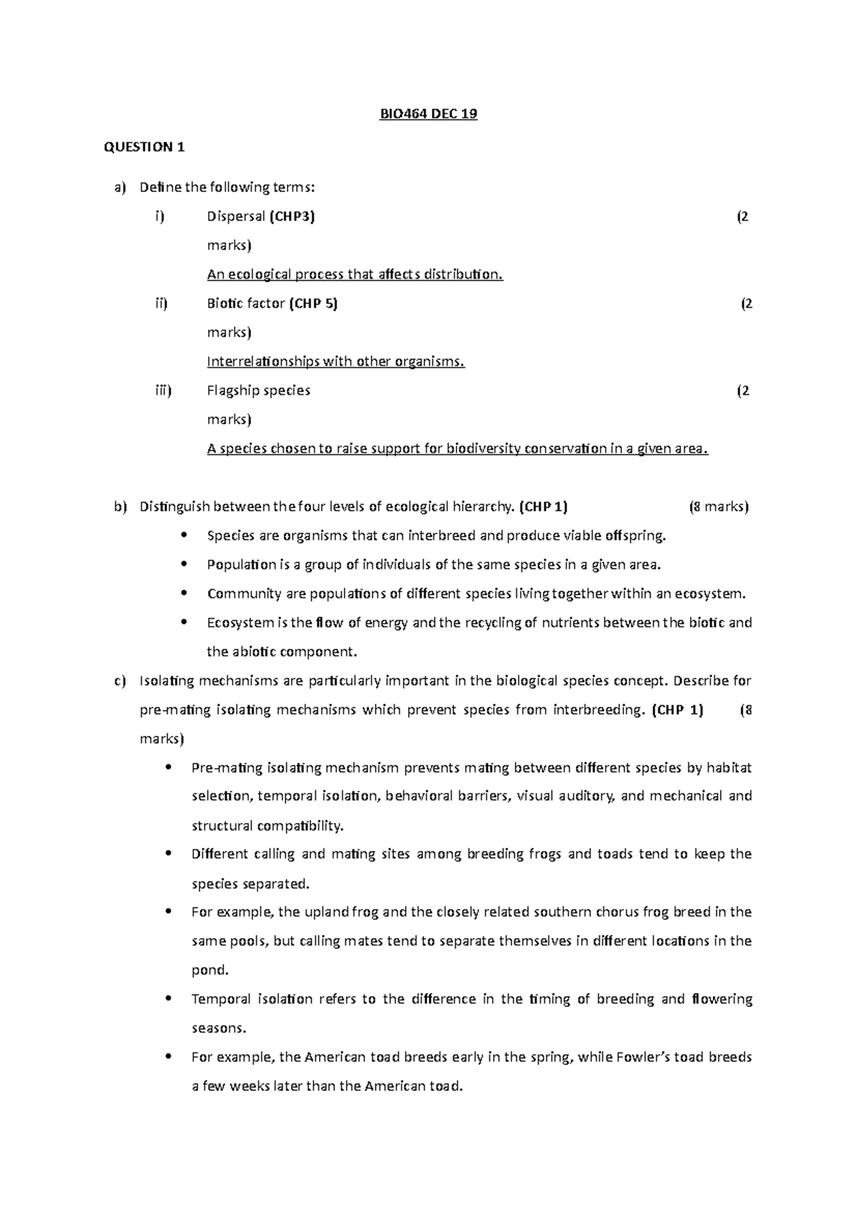BIO464 DEC 19 ANS - BIO464 DEC 19 QUESTION 1 a) Define the following terms: i) Dispersal (CHP3 ...