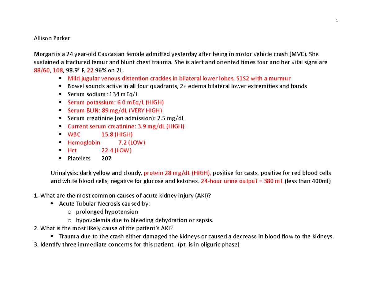 AKI Case Study - 1 Allison Parker Morgan is a 24 year-old Caucasian ...