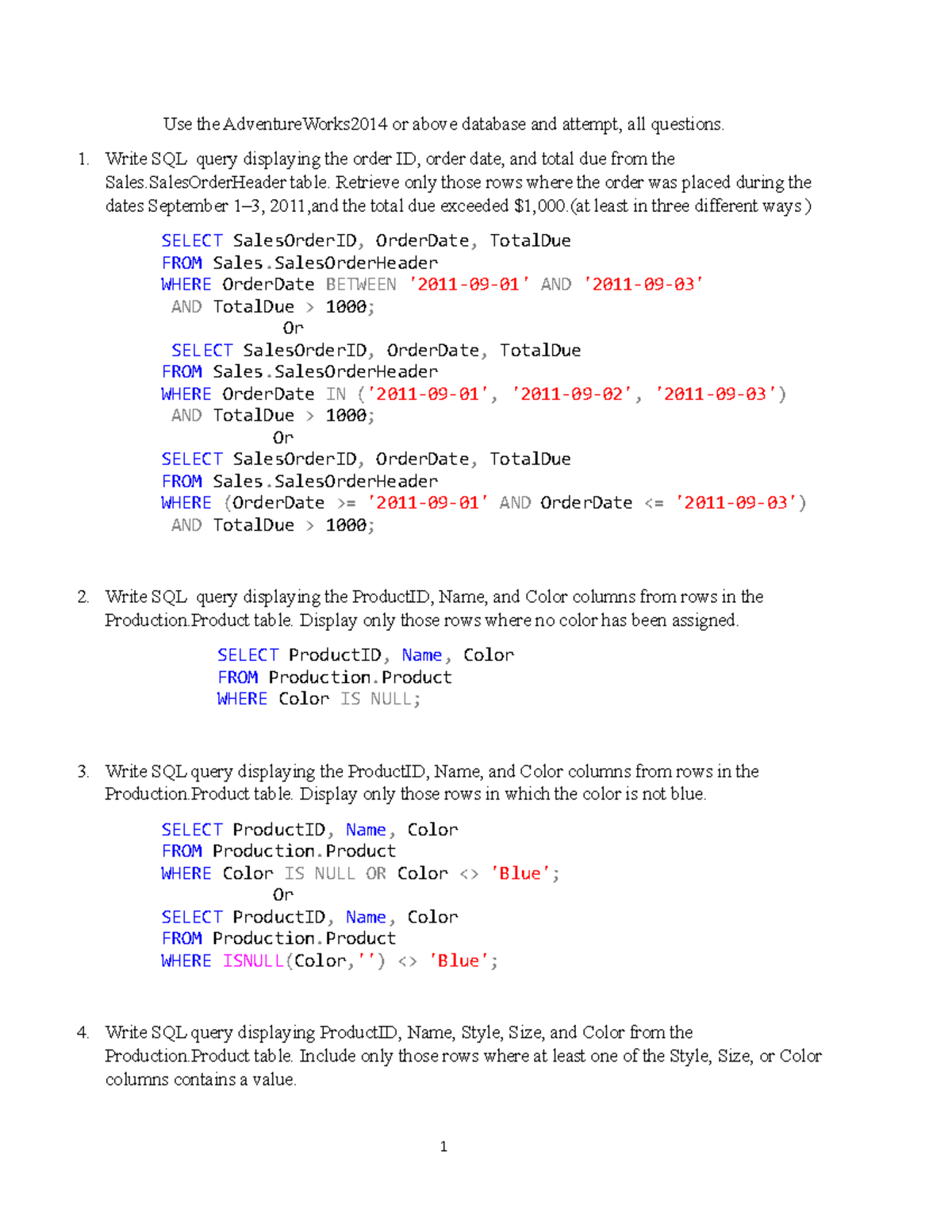 Advanced Database Practical Exercises 1 Solutions Use The Adventureworks2014 Or Above Database