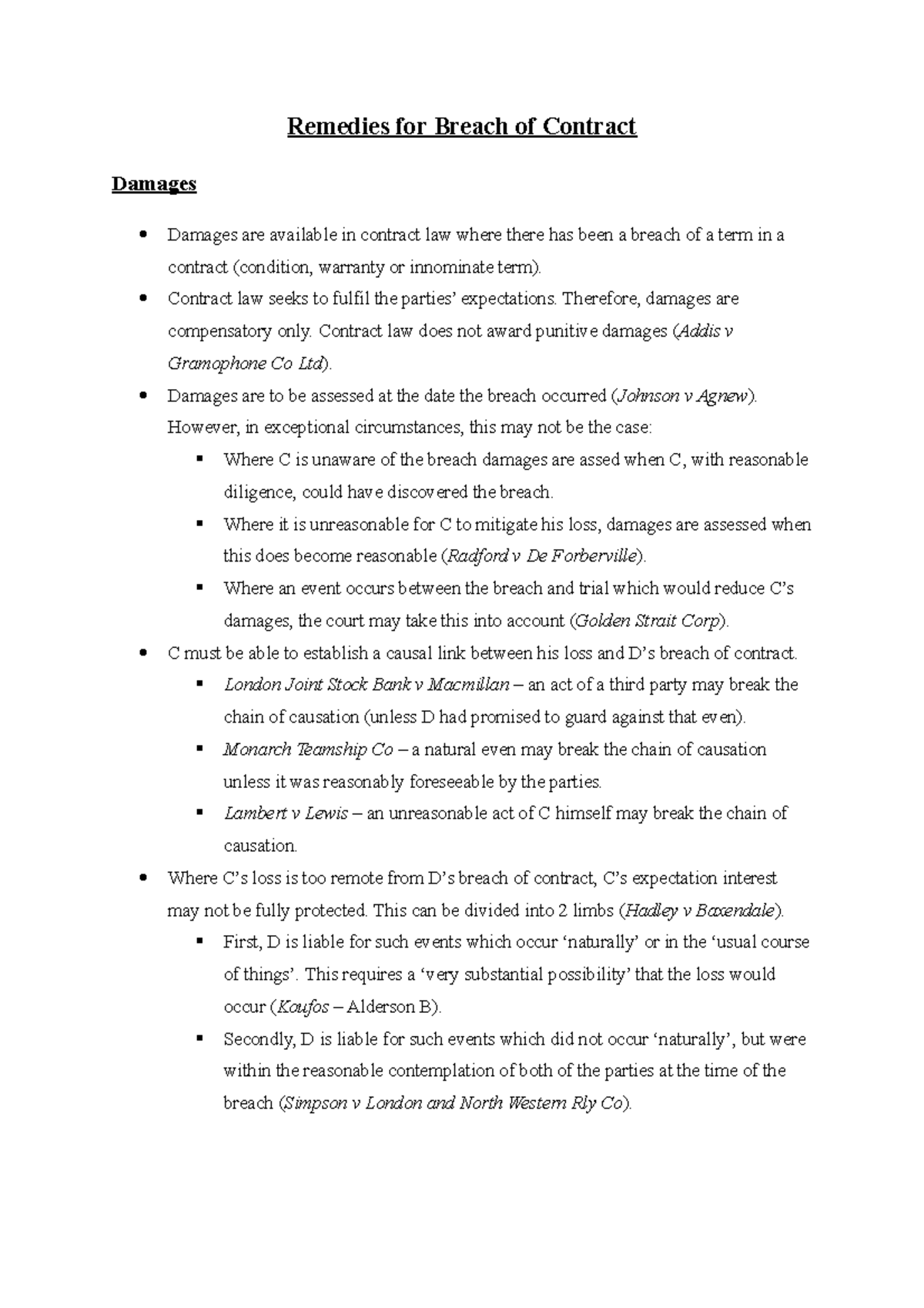 Remedies - Lecture notes 11 - Remedies for Breach of Contract Damages ...