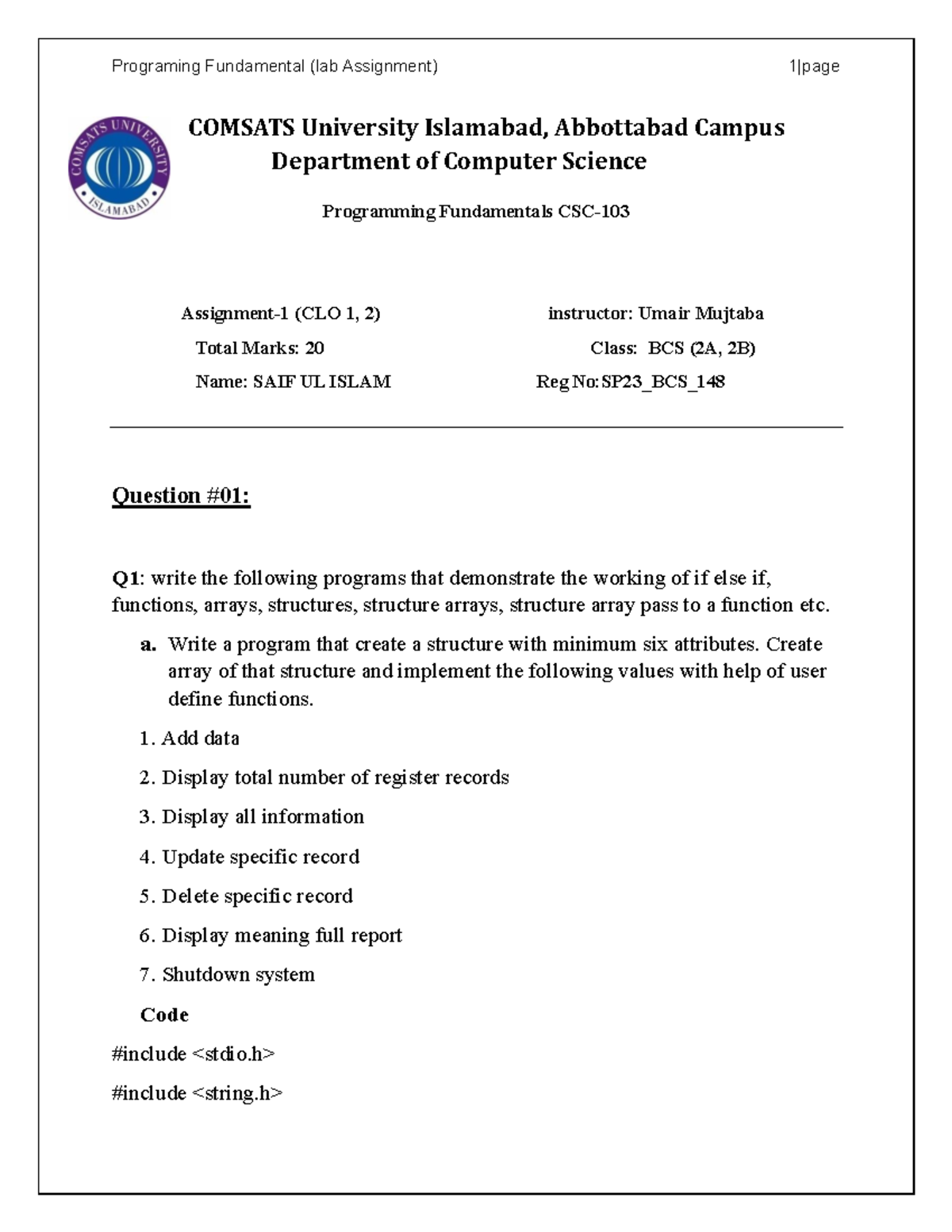 Comsats University Islamabad - COMSATS University Islamabad, Abbottabad Campus Department of ...