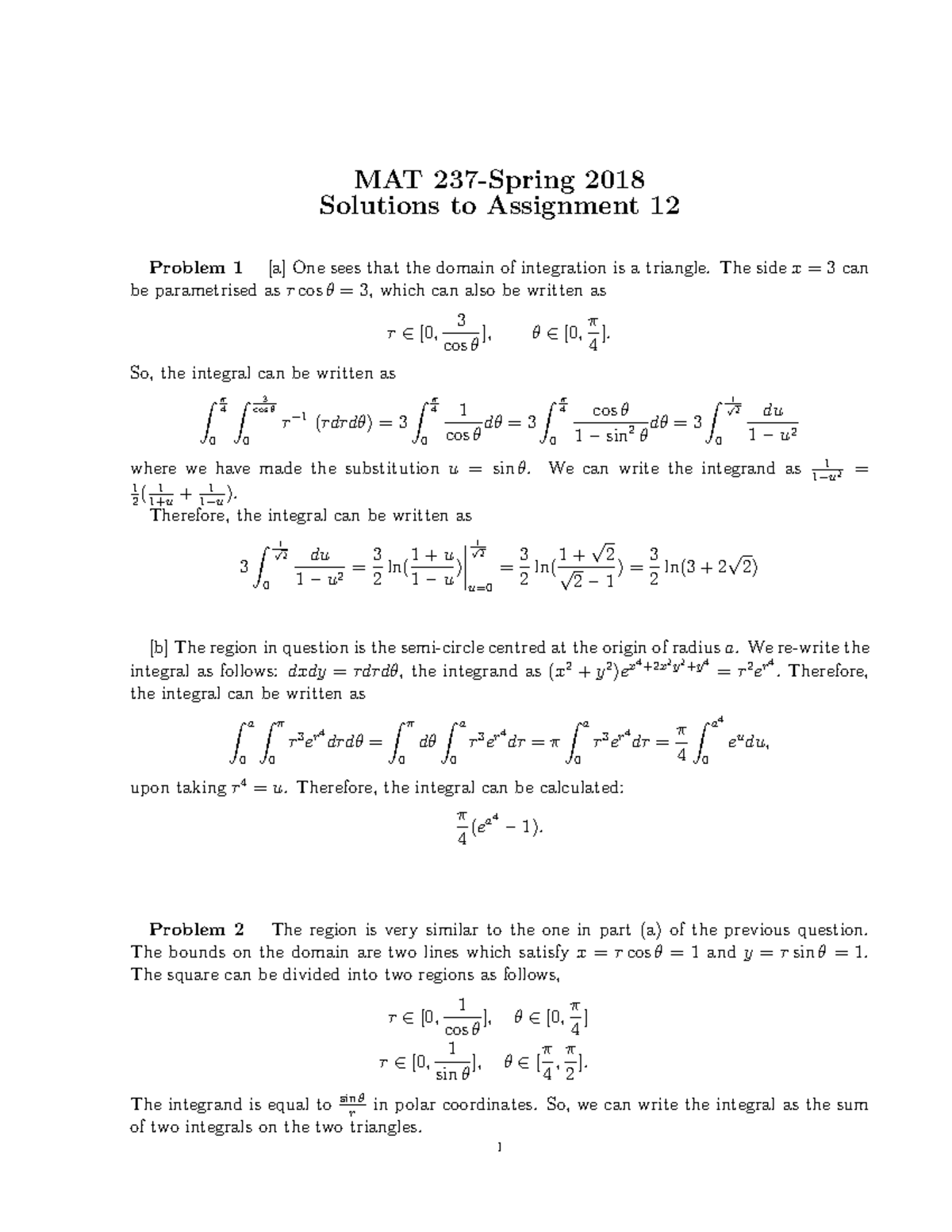 Math237-sol12 - MAT 237-Spring 2018 Solutions to Assignment 12 Problem ...