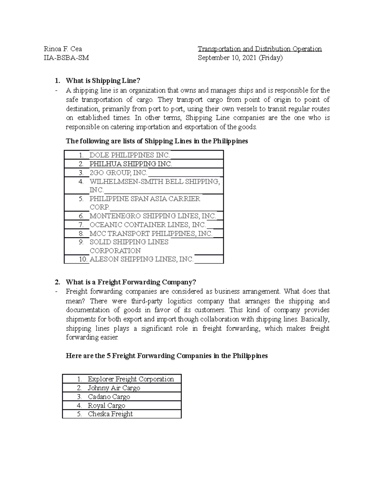 Shipping line freight forward bill of lading - Rinoa F. Cea ...