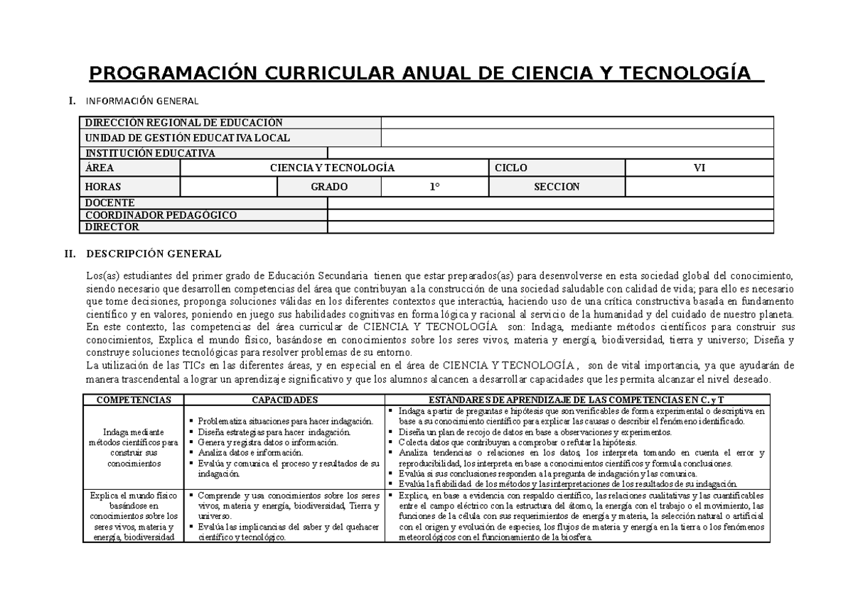 1ro Programacion Anual CTA 22 - PROGRAMACIÓN CURRICULAR ANUAL DE CIENCIA Y TECNOLOGÍA I ...