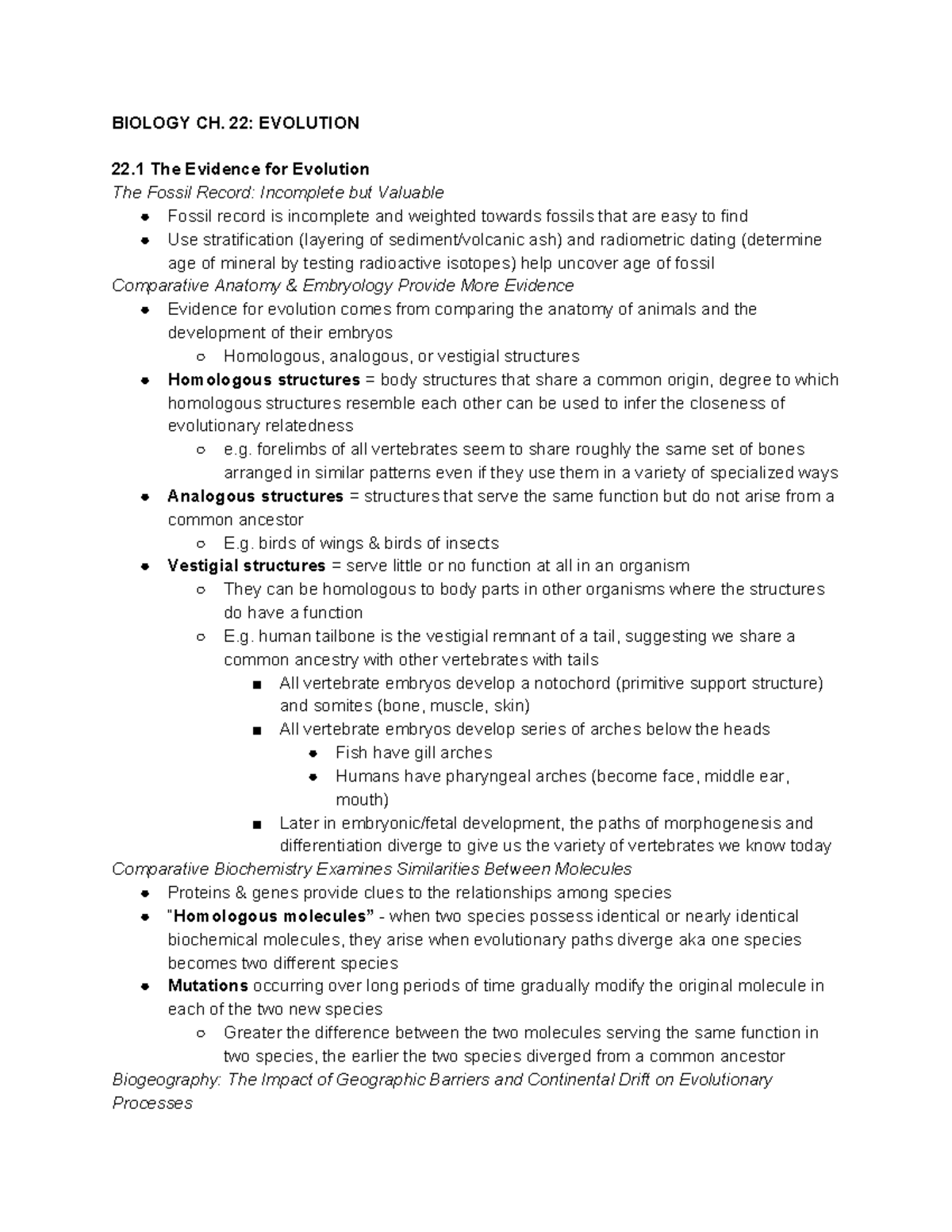 Ch 22 Evolution Notes - BIOLOGY CH. 22: EVOLUTION 22 The Evidence for ...