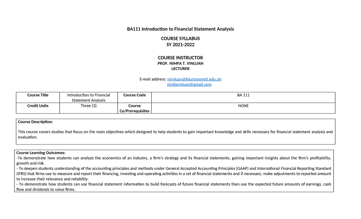 Course Syllabus-Introduction to FS Analysis - BA111 Introduction to ...