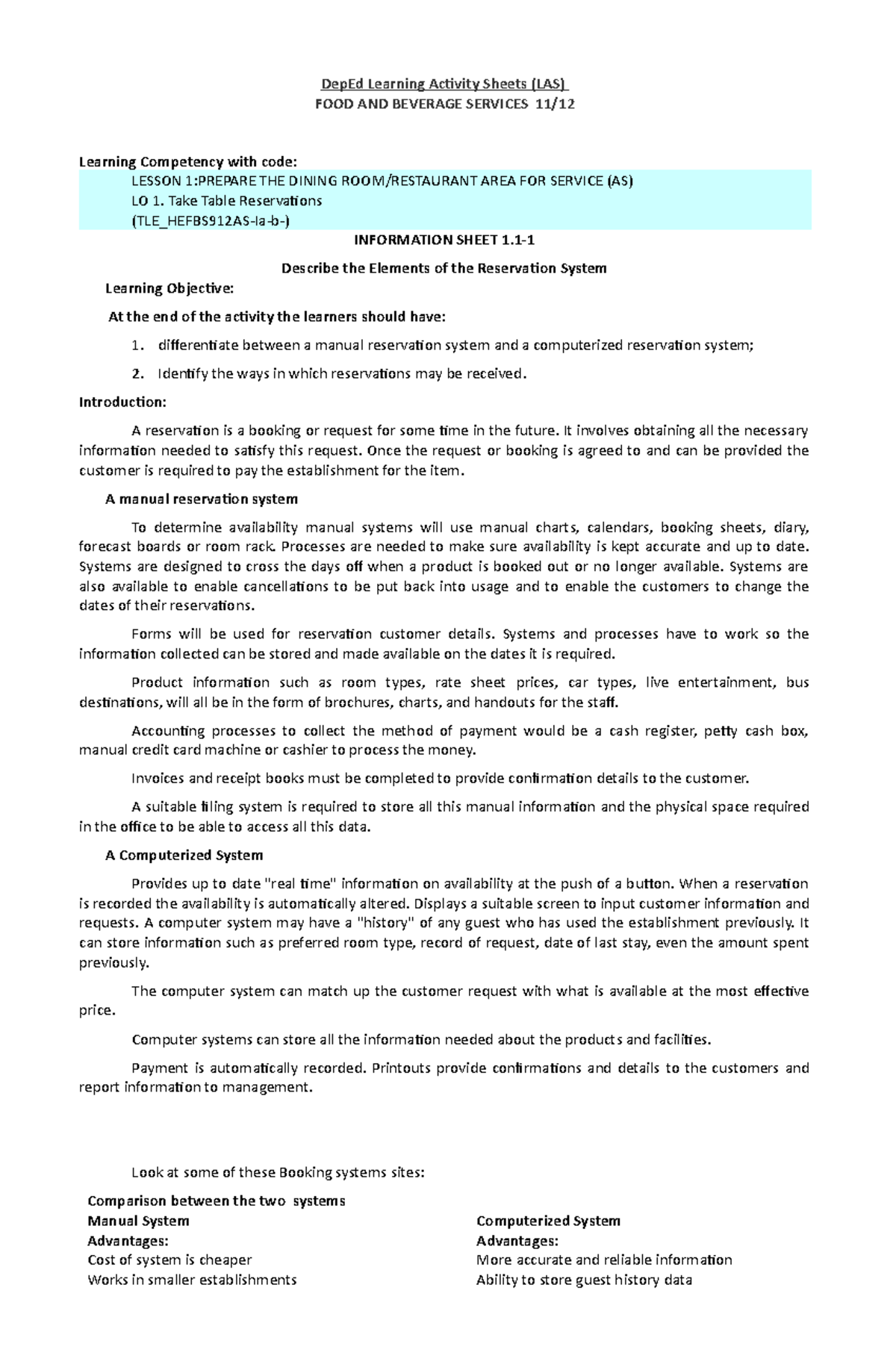 Table Reservation 1 - Sir John - DepEd Learning Activity Sheets (LAS ...