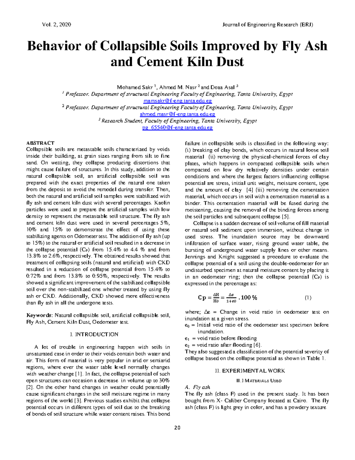 Behavior of Collapsible Soils Improved by Fly Ash - Nasr 2 and Doaa ...