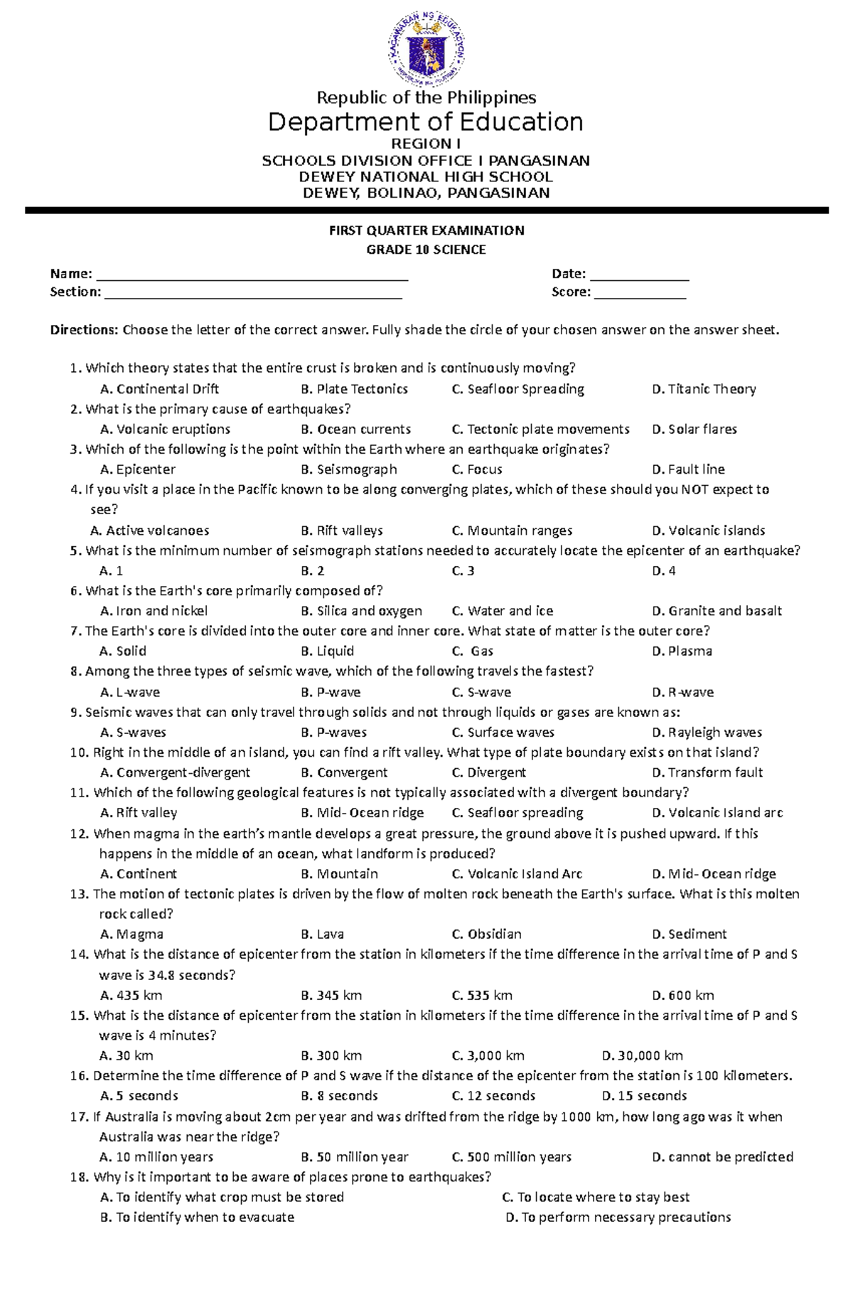 First quarter examination in science 10 - Republic of the Philippines ...