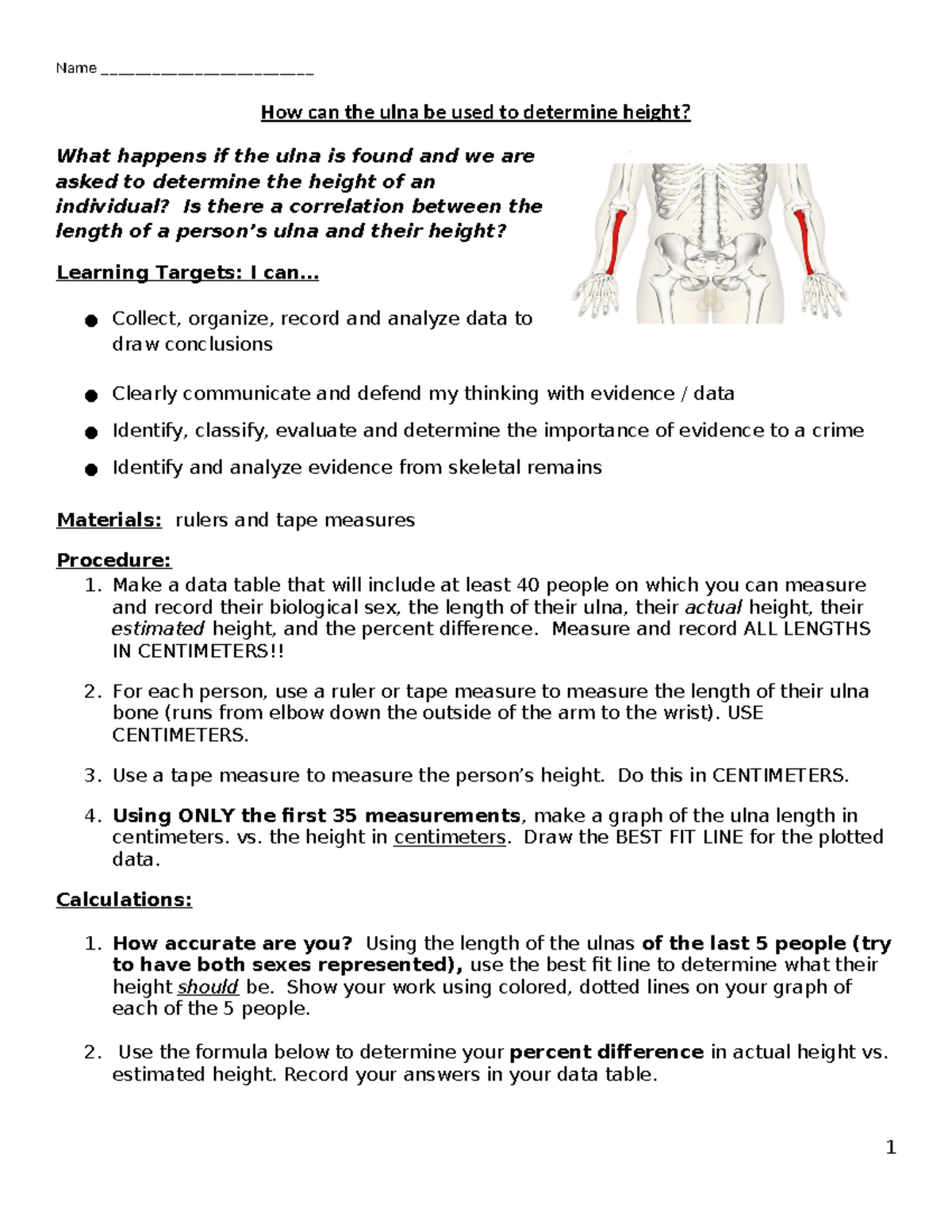 03 Ulna Height Lab - anthropology - Name _________________________ How ...