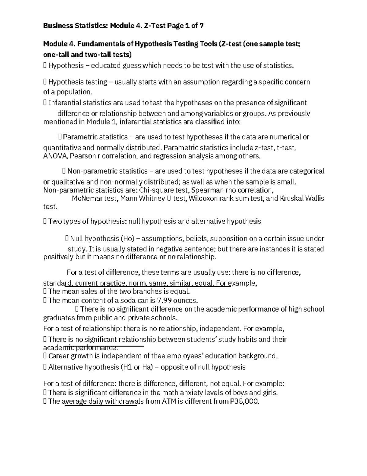 Statistics Module 4 - pdf - Module 4. Fundamentals of Hypothesis ...